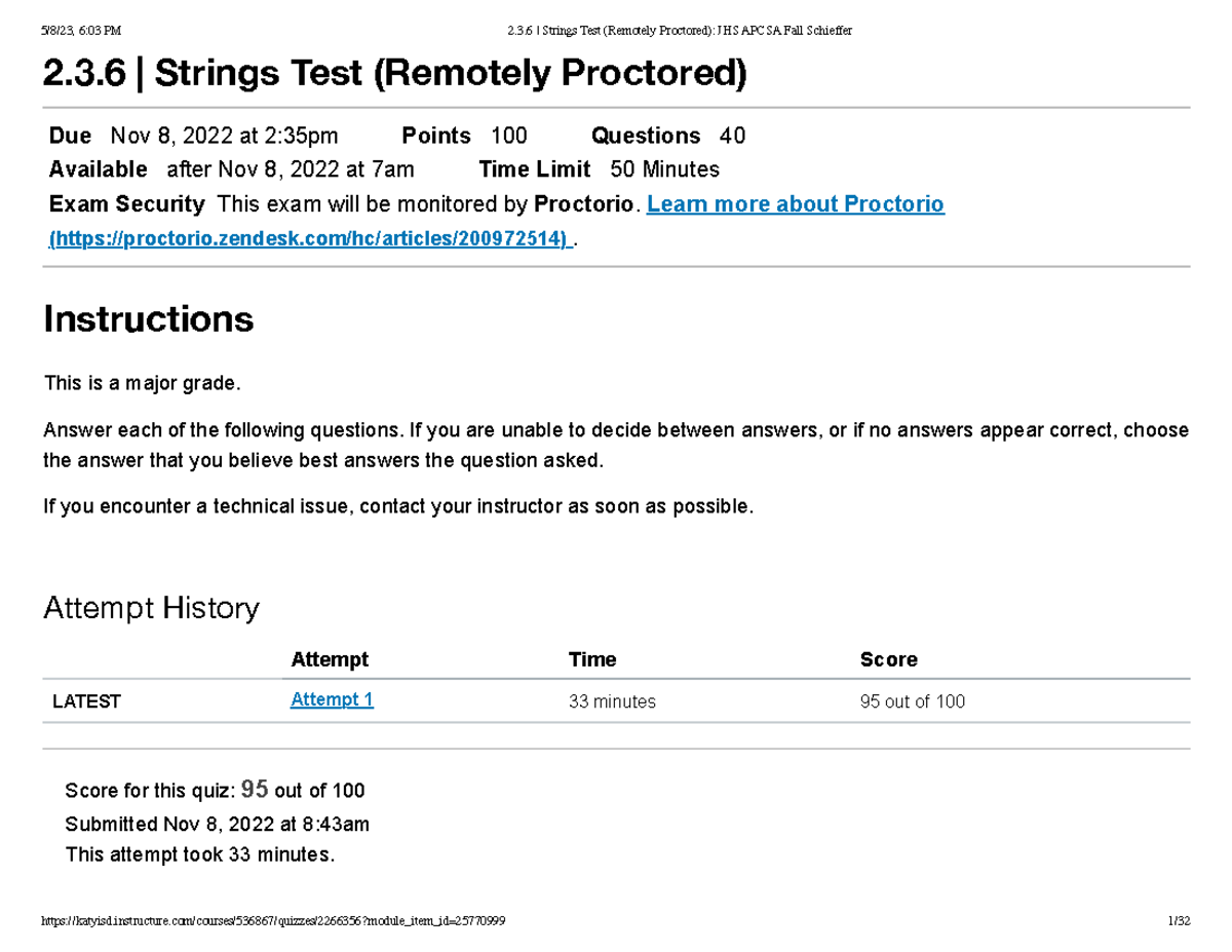 2.3.6 Strings Test (Remotely Proctored) JHS Apcsa Fall Schieffer - 2.3 ...