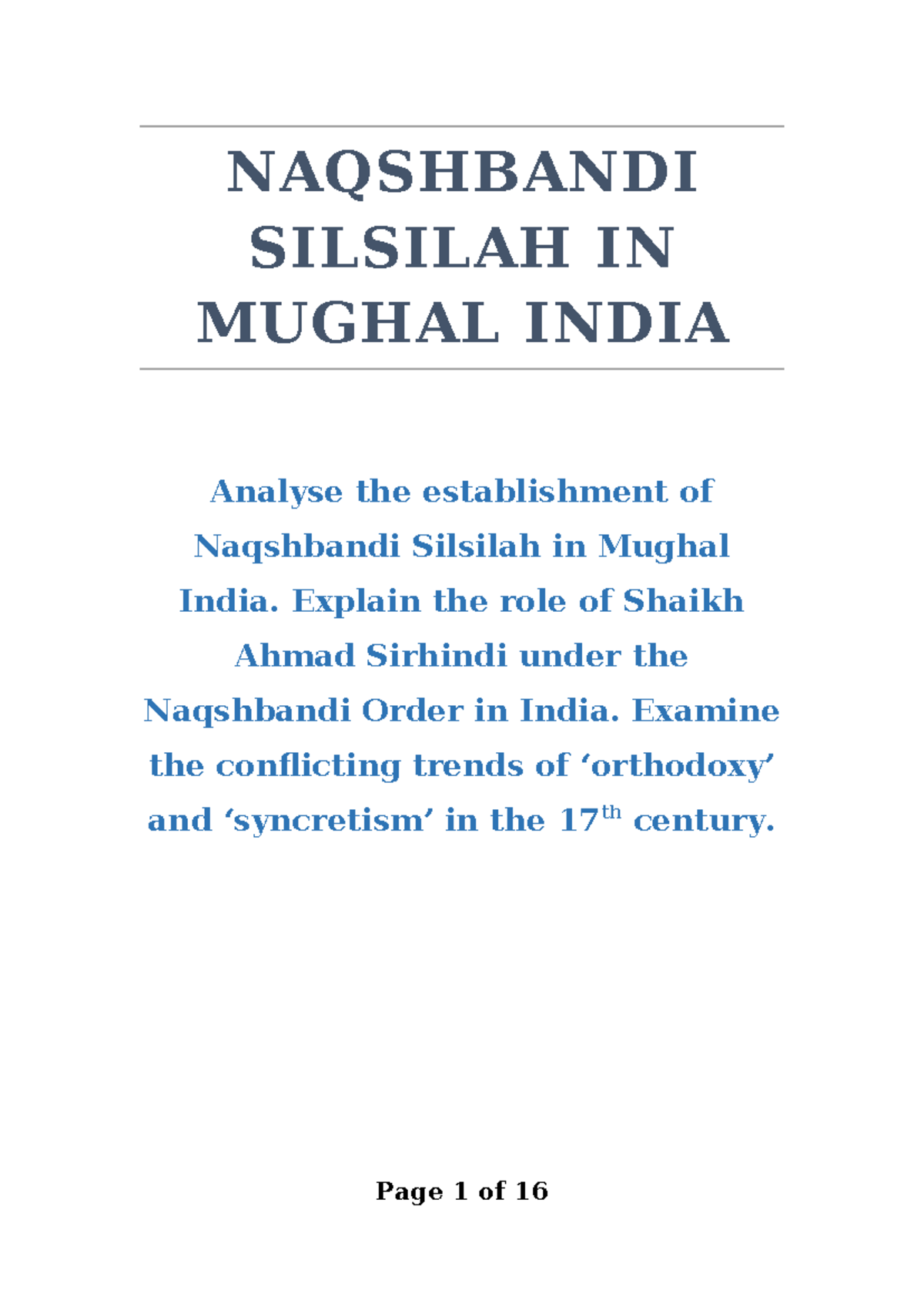 Naqshbandi Silsilah in Mughal India - Explain the role of Shaikh Ahmad ...