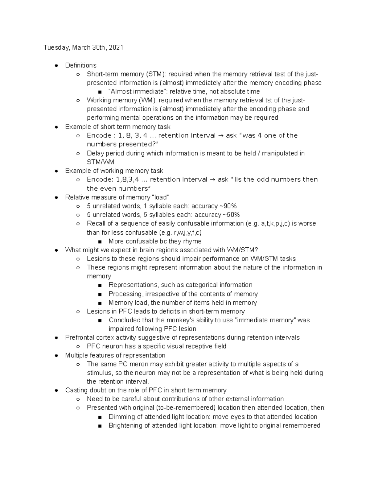 Short term And Working Memory Tuesday March 30th 2021 Definitions