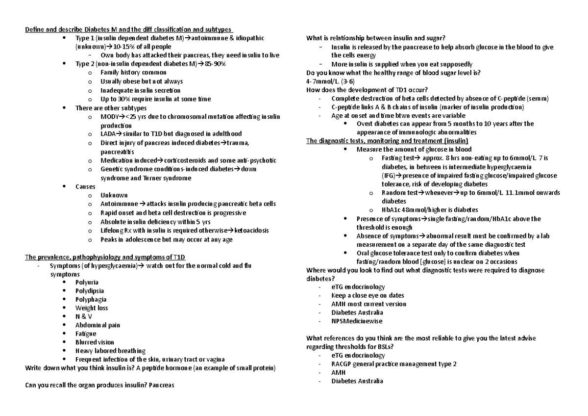 Diabetes Mellitus - Define and describe Diabetes M and the diff ...