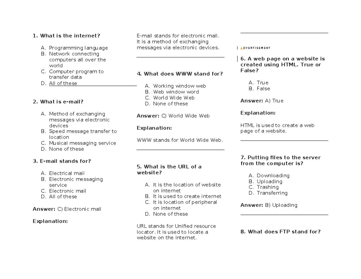 MS Internet - Good notes - 1. What is the internet? A. Programming ...