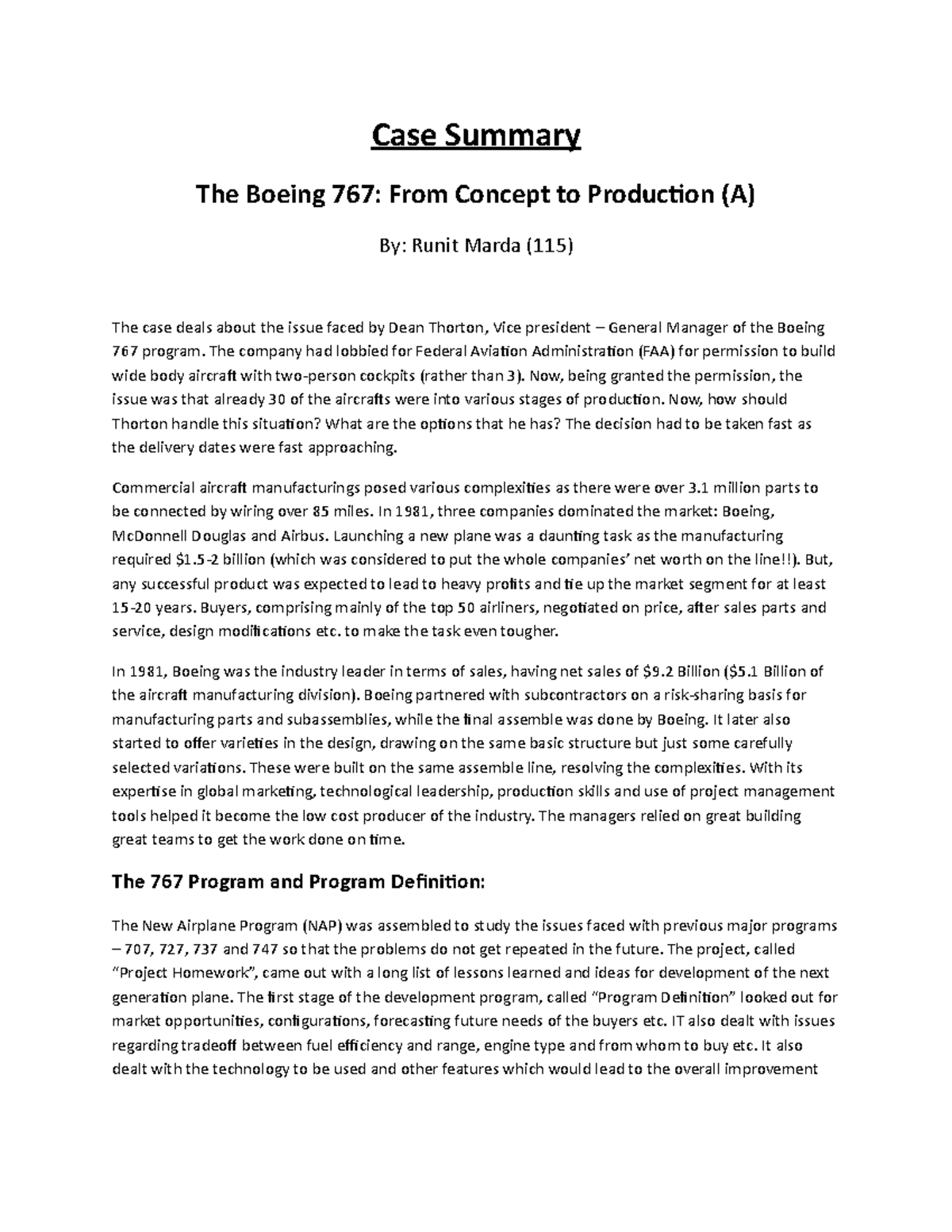 Boeing 767 Case Summary - Case Summary The Boeing 767: From Concept to ...