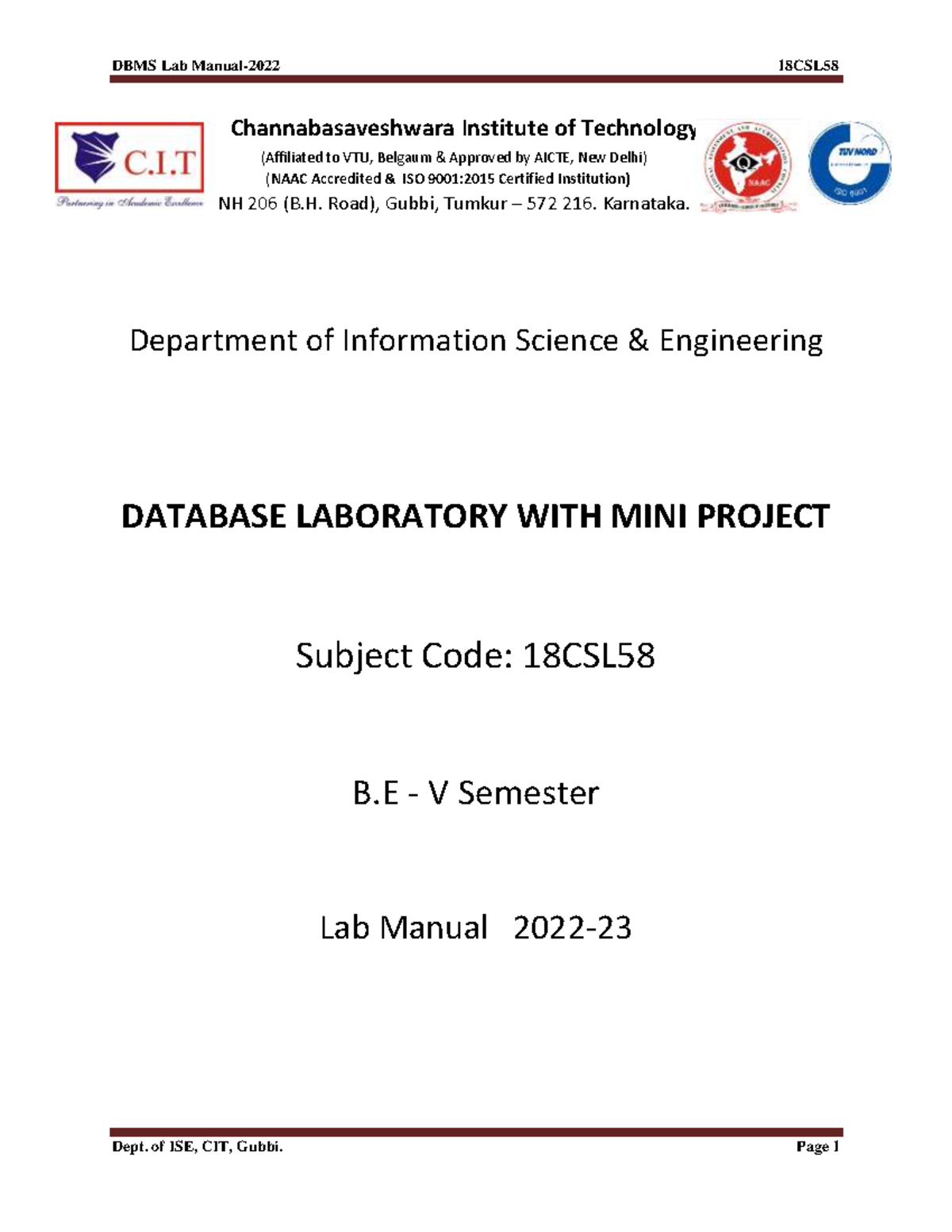 DBMS Manual 2022 ISE - DBMS - Channabasaveshwara Institute of Technology (Affiliated to VTU ...