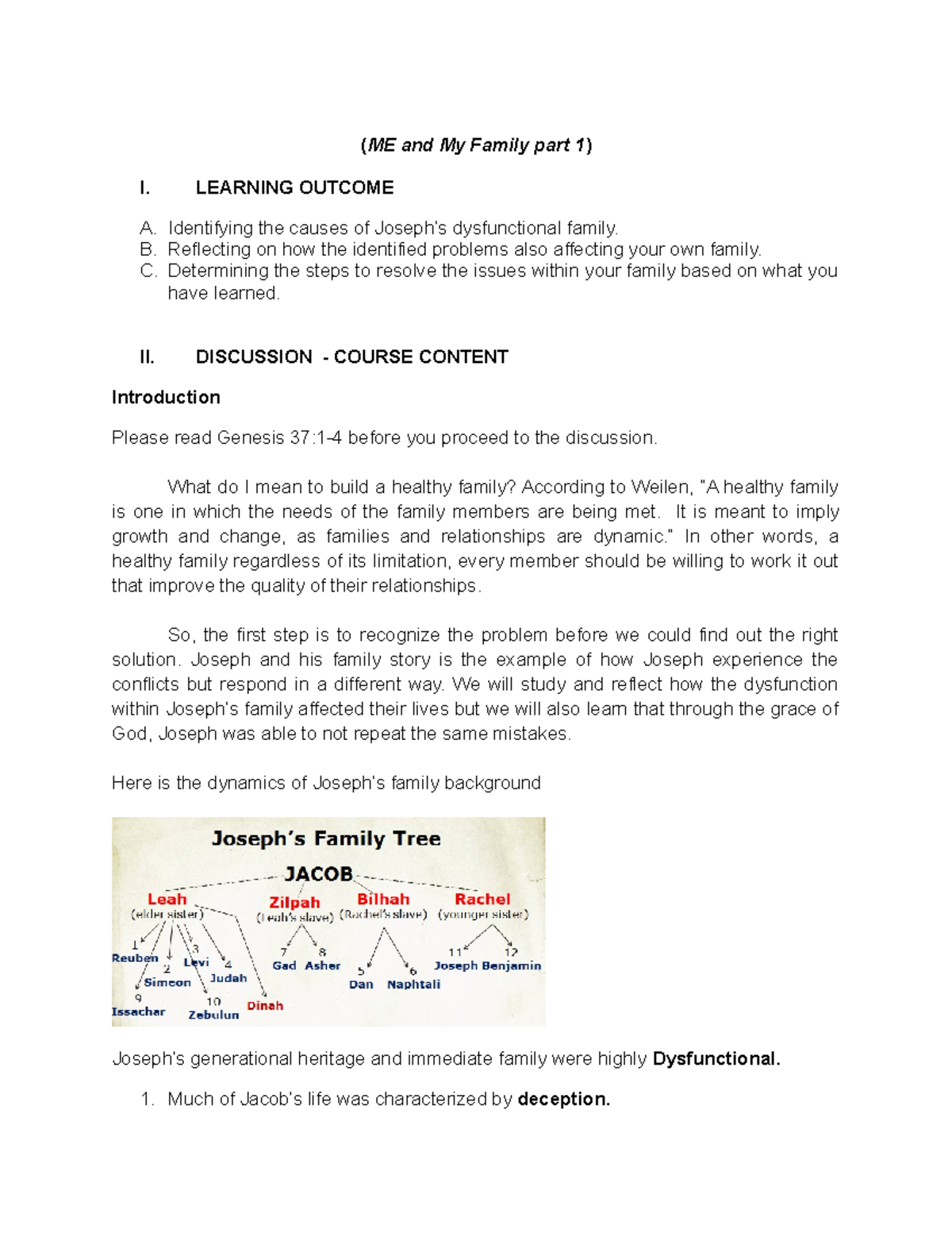 Small Group Discussion - ( ME and My Family part 1 ) I. LEARNING ...