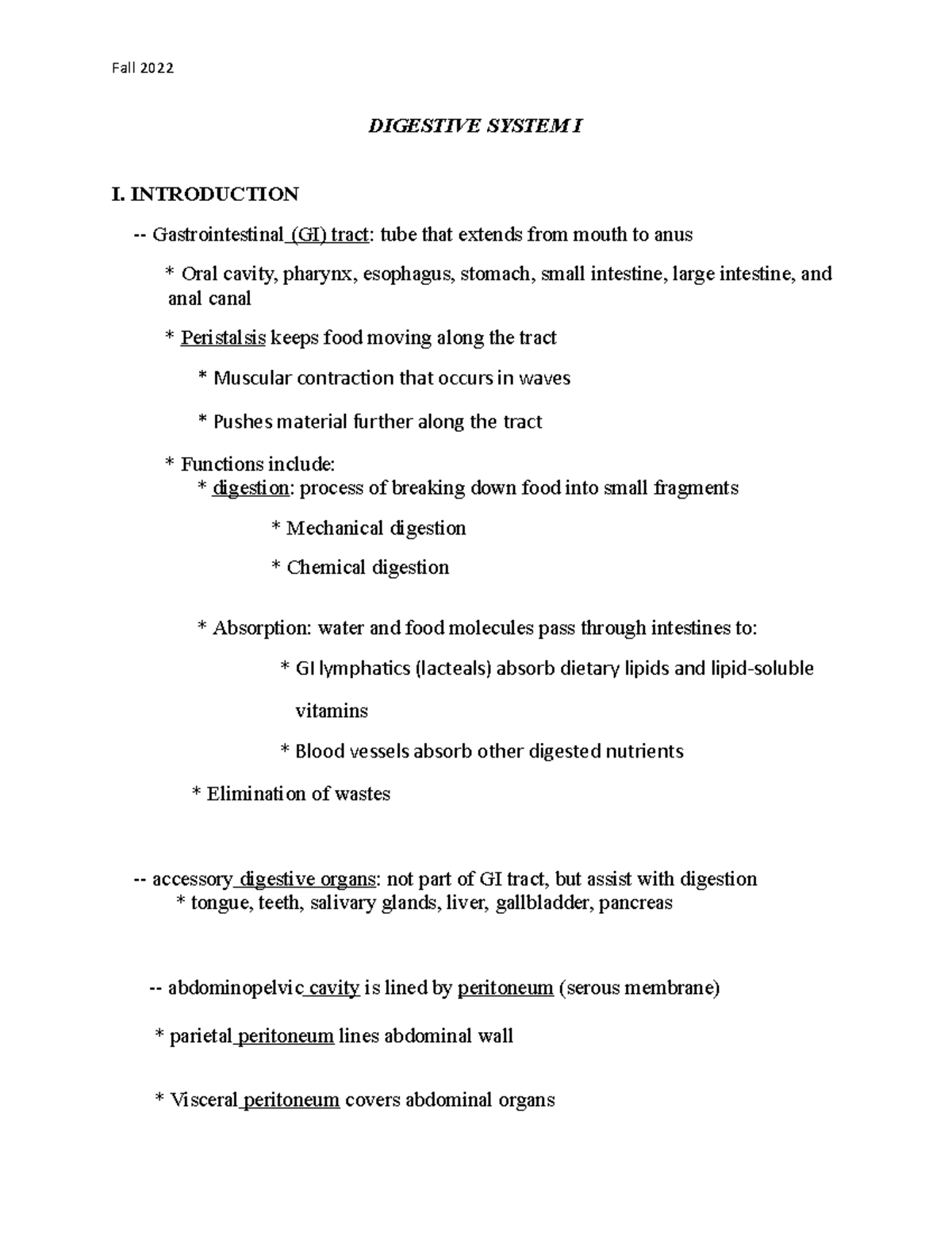 Digestive System I - A215 Fall2022 - DIGESTIVE SYSTEM I I. INTRODUCTION ...