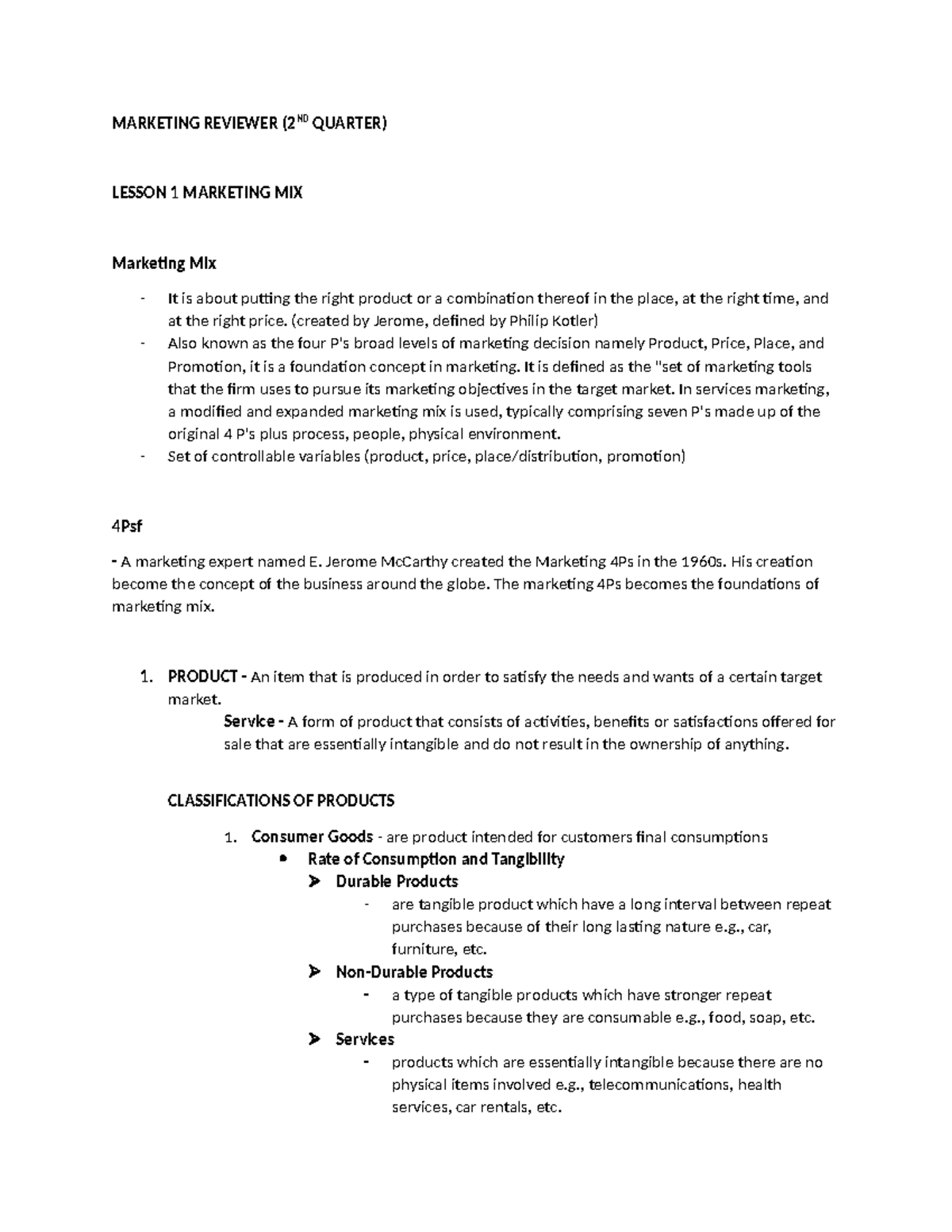 Marketing notes reviewer - MARKETING REVIEWER (2ND QUARTER) LESSON 1 ...