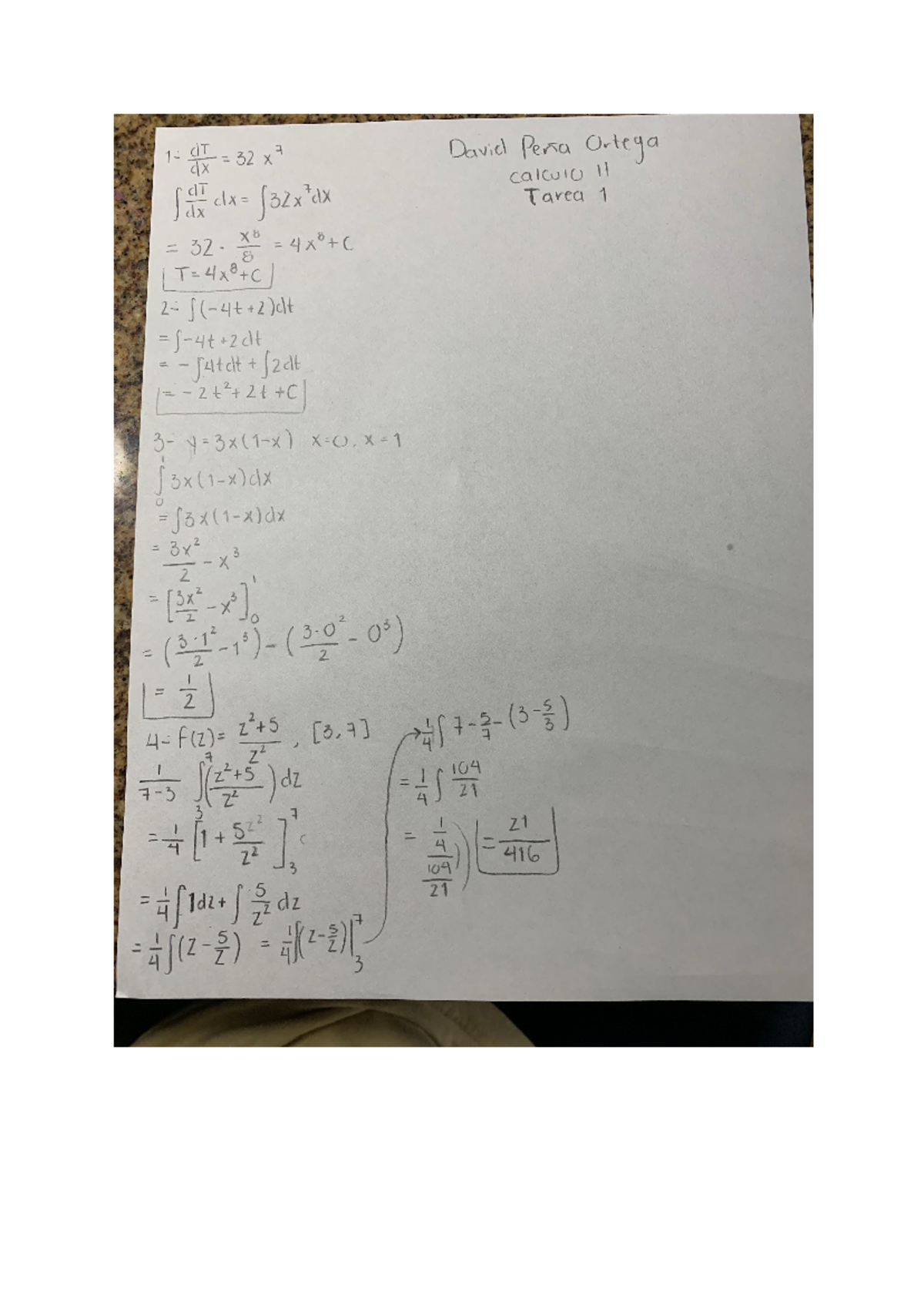 Calculo 2, tarea 1 - 1- clT dx = 32 x 7 David Peria Ortega calculo 11 S dx dT dT clx= S32x*dd ...