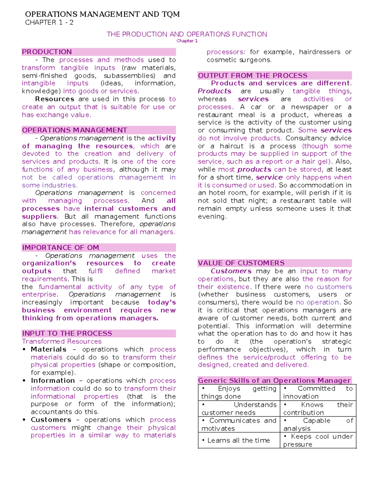 Reviewer (Chapter 1-2 OM-TQM) - OPERATIONS MANAGEMENT AND TQM CHAPTER 1 - 2 THE PRODUCTION AND ...