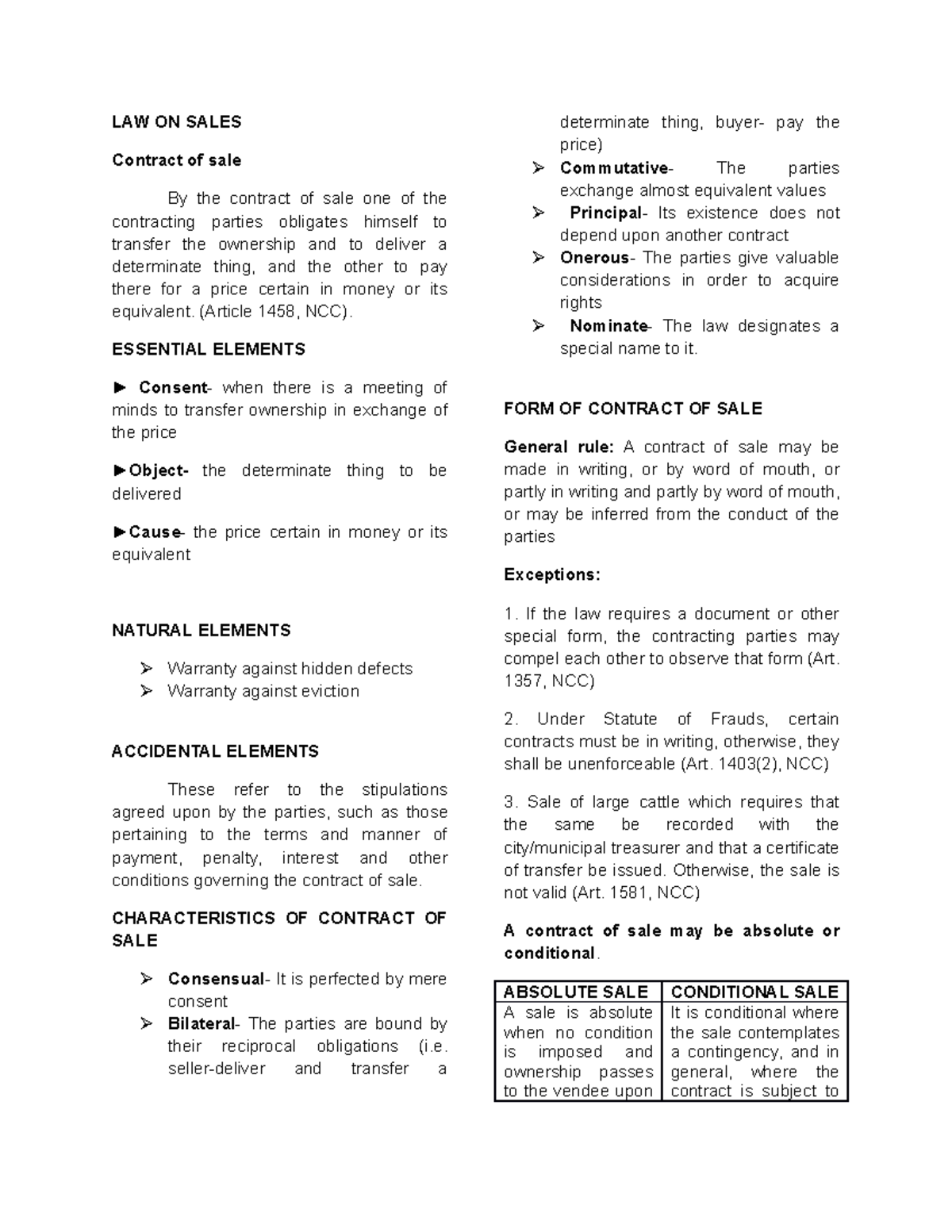 Law on Sales-1 - none - LAW ON SALES Contract of sale By the contract ...