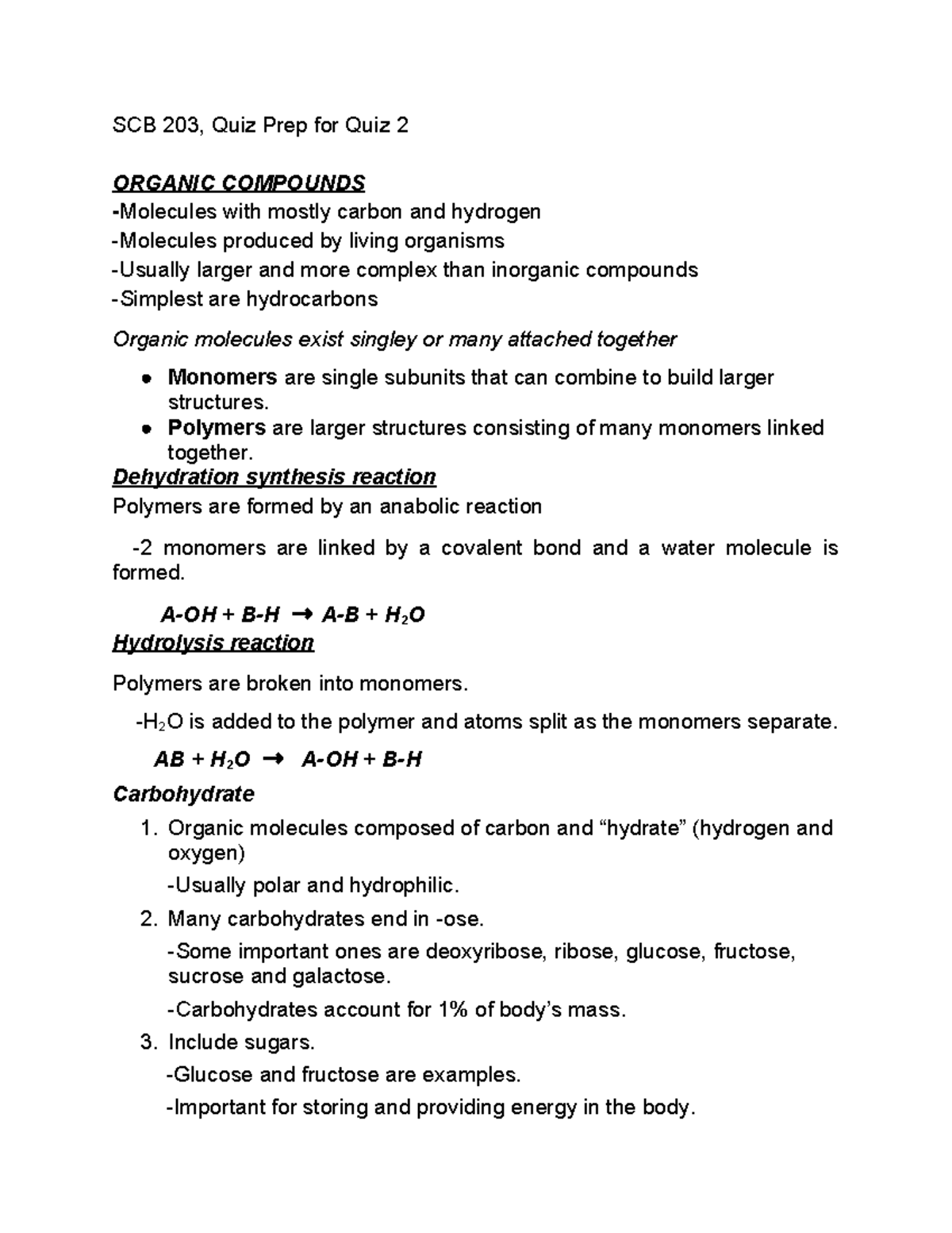 SCB 203, Quiz Prep for Quiz 2 - SCB 203, Quiz Prep for Quiz 2 ORGANIC COMPOUNDS Molecules with ...