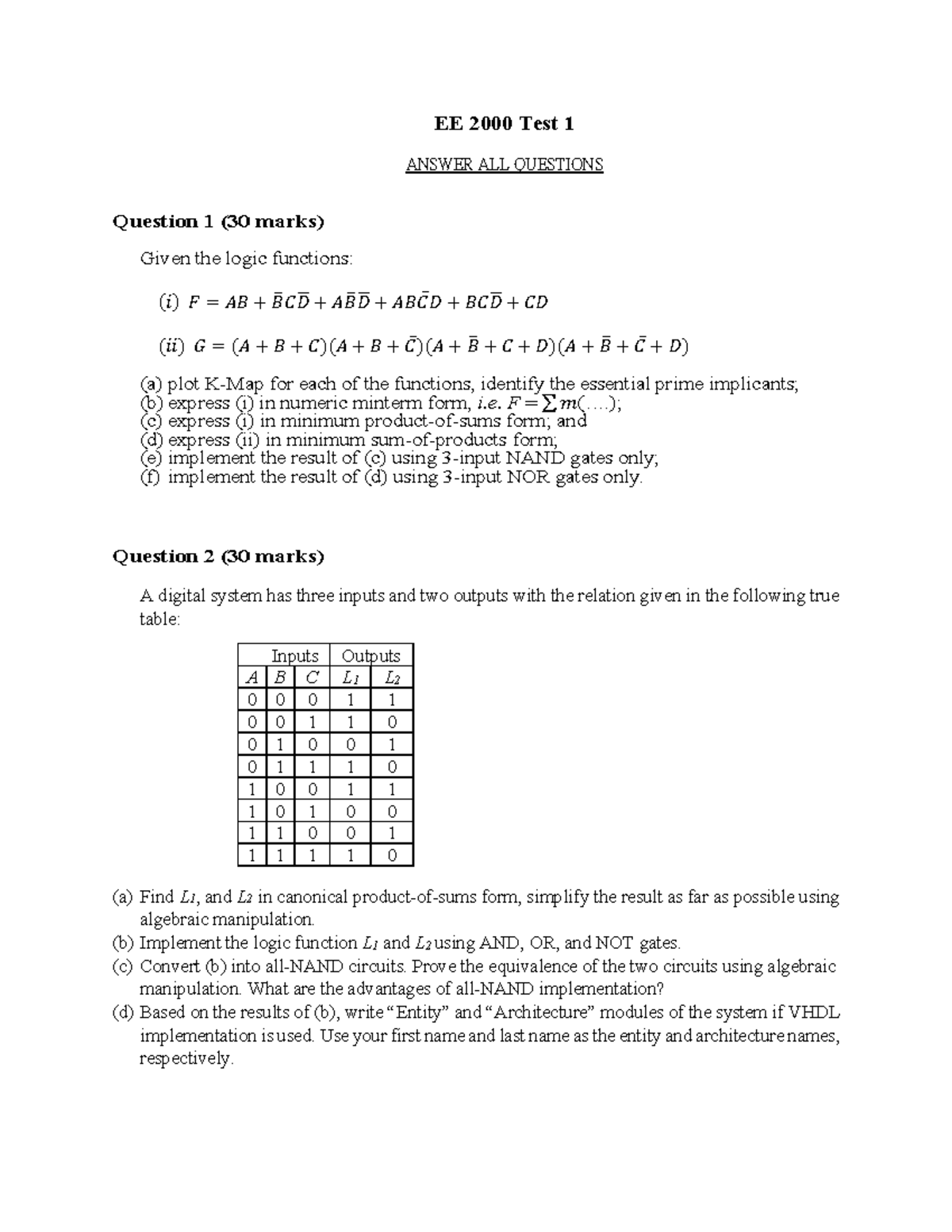 Test 1 - Test1 - EE 2000 Test 1 ANSWER ALL QUESTIONS Question 1 (30 ...