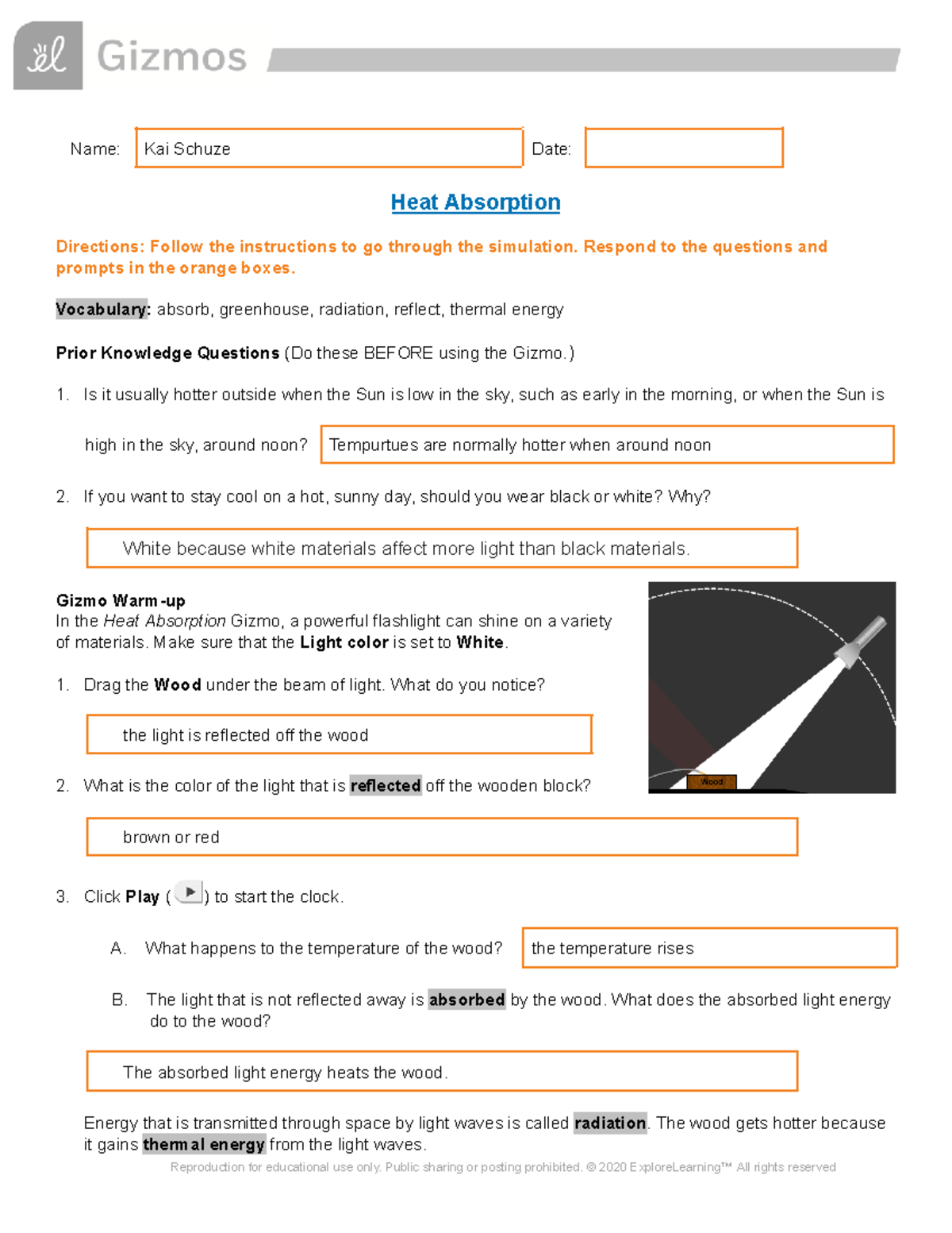 Heat Absorption SE - Name: Kai Schuze Date: Heat Absorption Directions ...