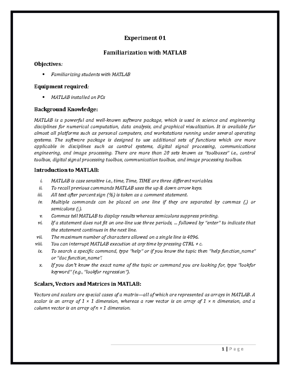 Experiment 01 - Experiment 01 Familiarization with MATLAB Objectives : Familiarizing students ...