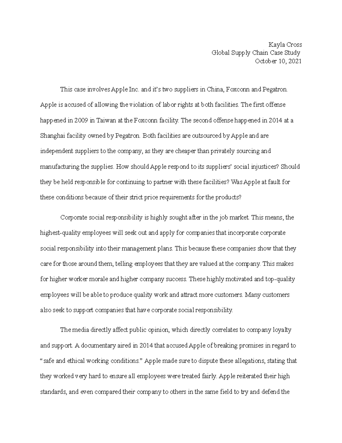 Module 6 Assignment Part 2 - Kayla Cross Global Supply Chain Case Study ... Module 6 Assignment Part 2 - Kayla Cross Global Supply Chain Case Study ...