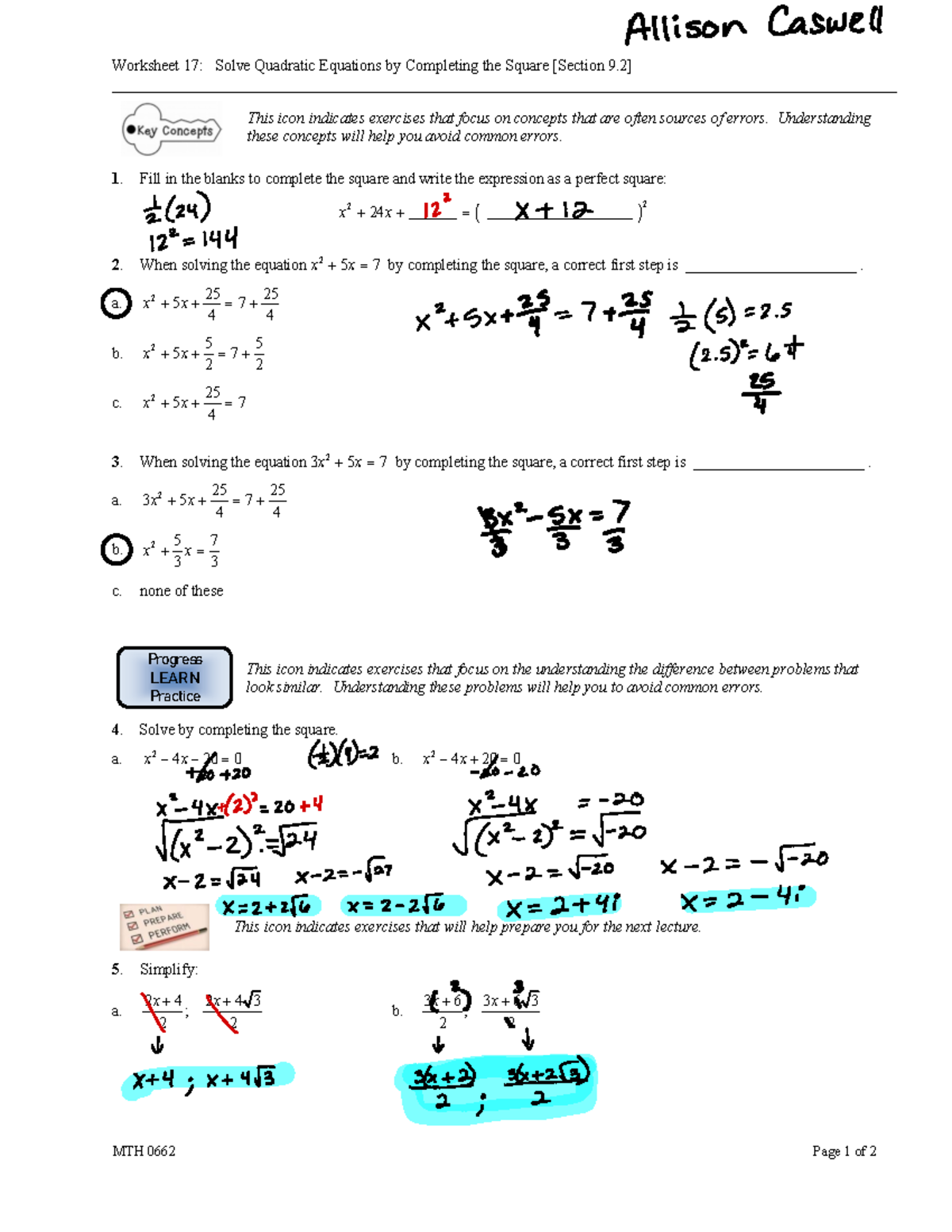 Worksheet 17- 2 19 21 - full - MTH 0662 Page 1 of 2 Worksheet 17: Solve ...