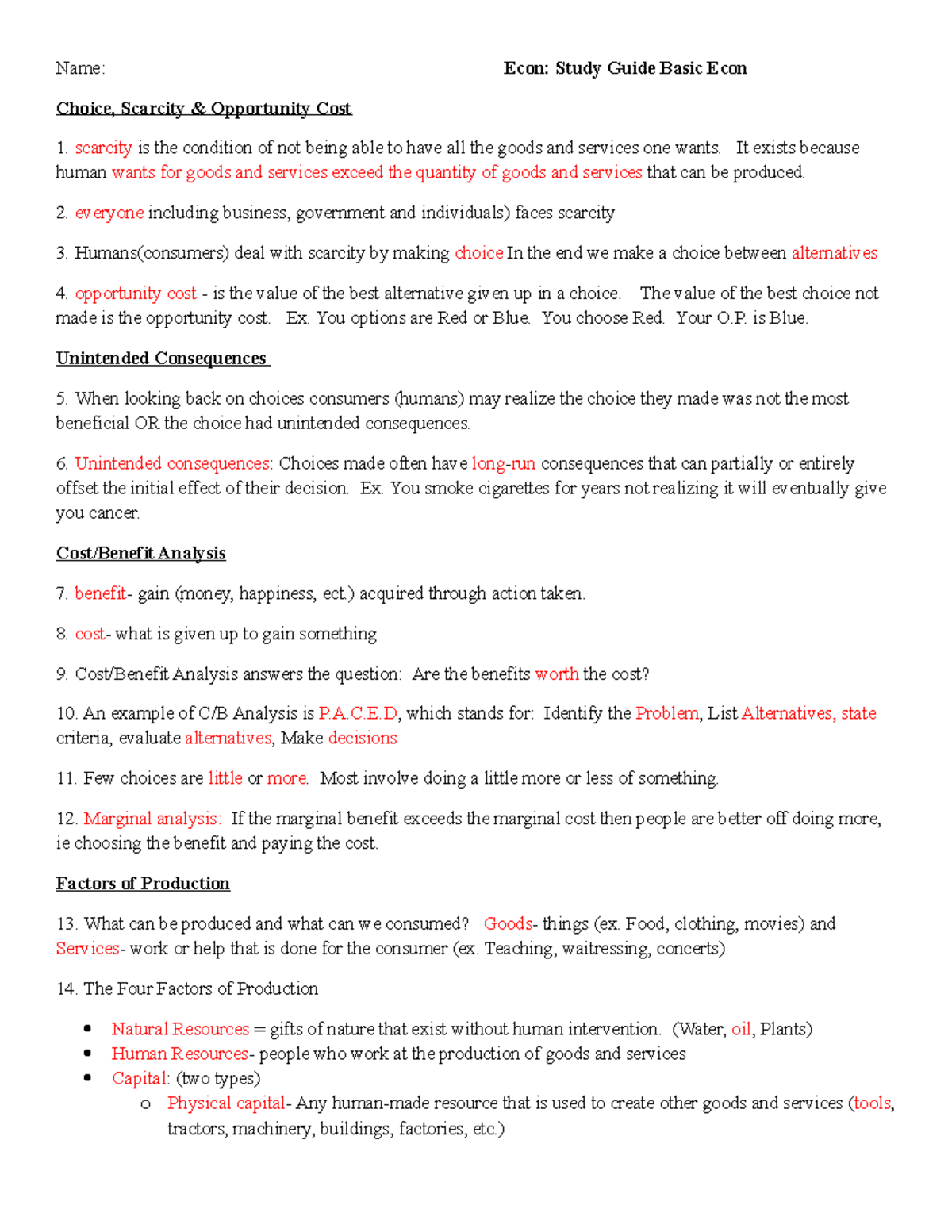 Study Guide Close Notes Unit One Basic Econ 1 - Name: Econ: Study Guide ...