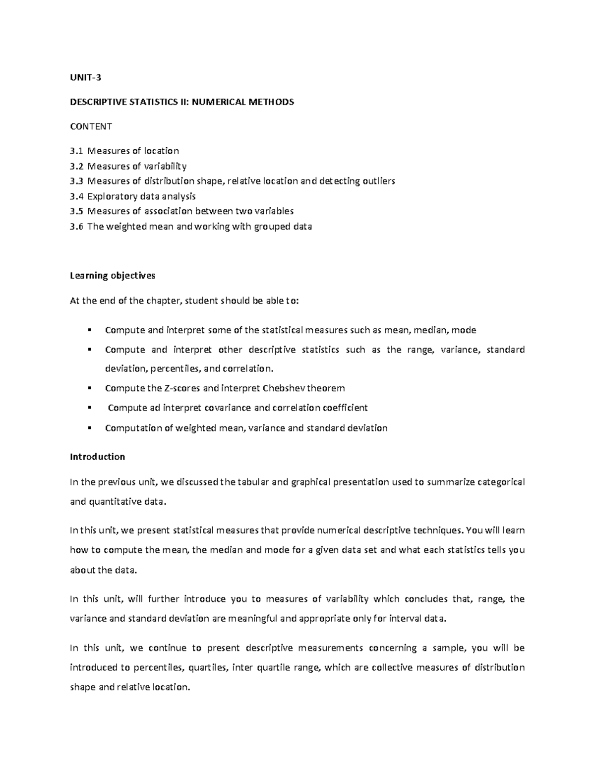 ABA3691 Distance Students Bus Stats Unit 3 - UNIT- DESCRIPTIVE ...