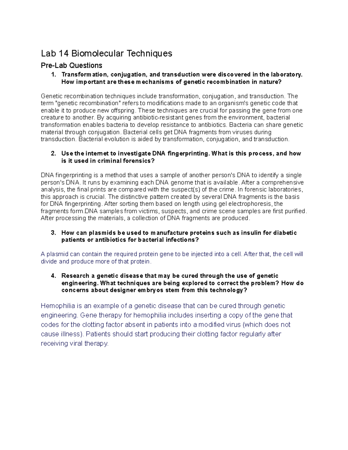 Biomolecular Techniques Labwork - Lab 14 Biomolecular Techniques Pre ...