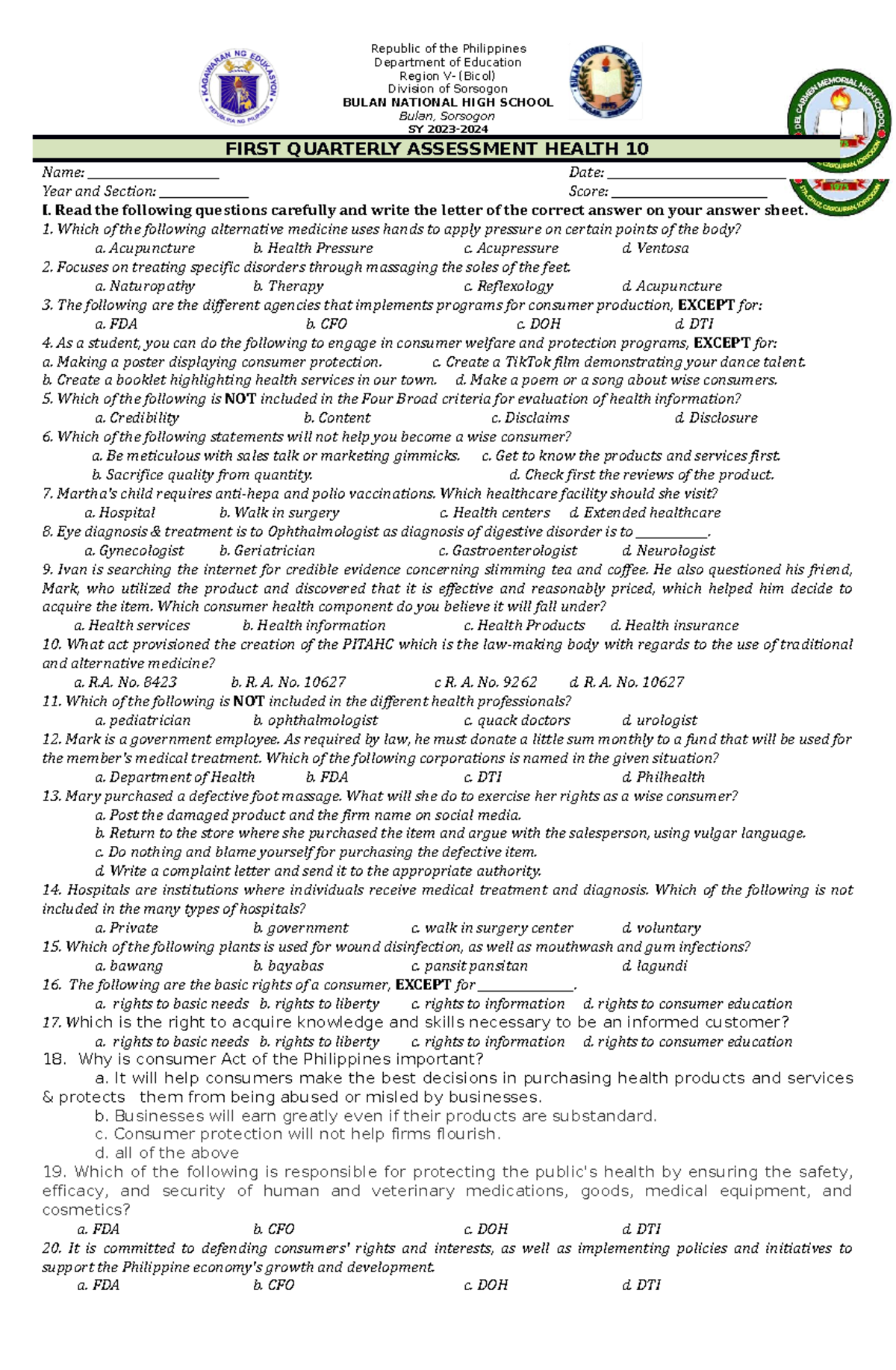 First Quarterly Assessment Health - Republic of the Philippines ...