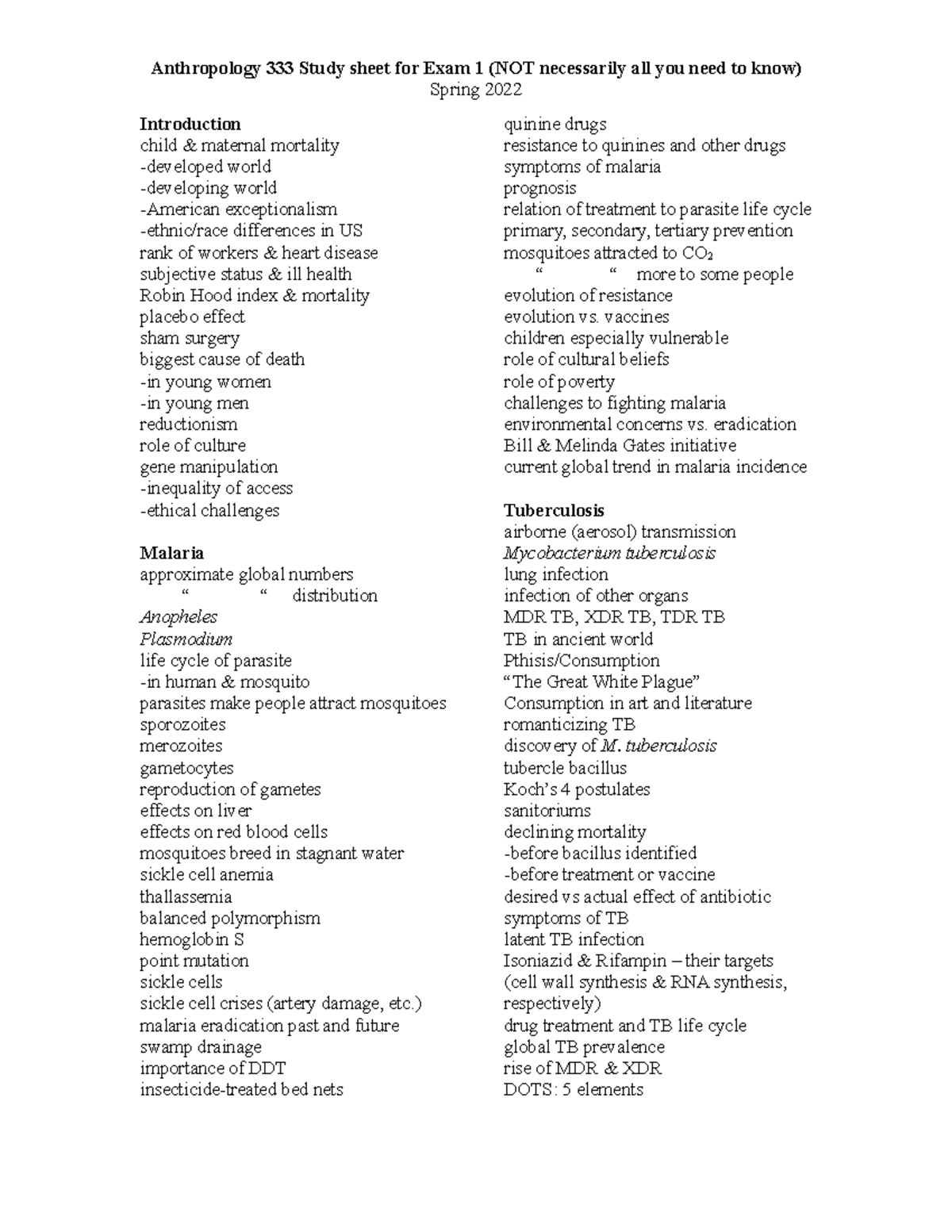 ANT 333 2022 Exam 1 studyguide 2-7-22 - Anthropology 333 Study sheet ...