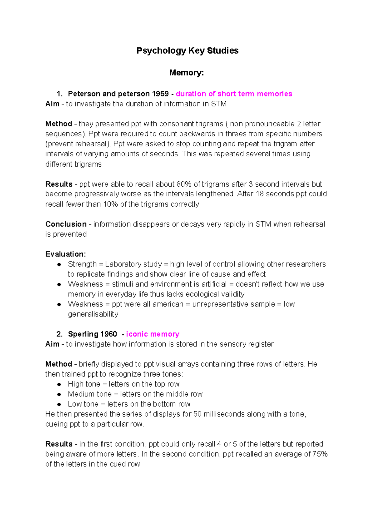 Psychology key studies - Psychology Key Studies Memory: Peterson and ...