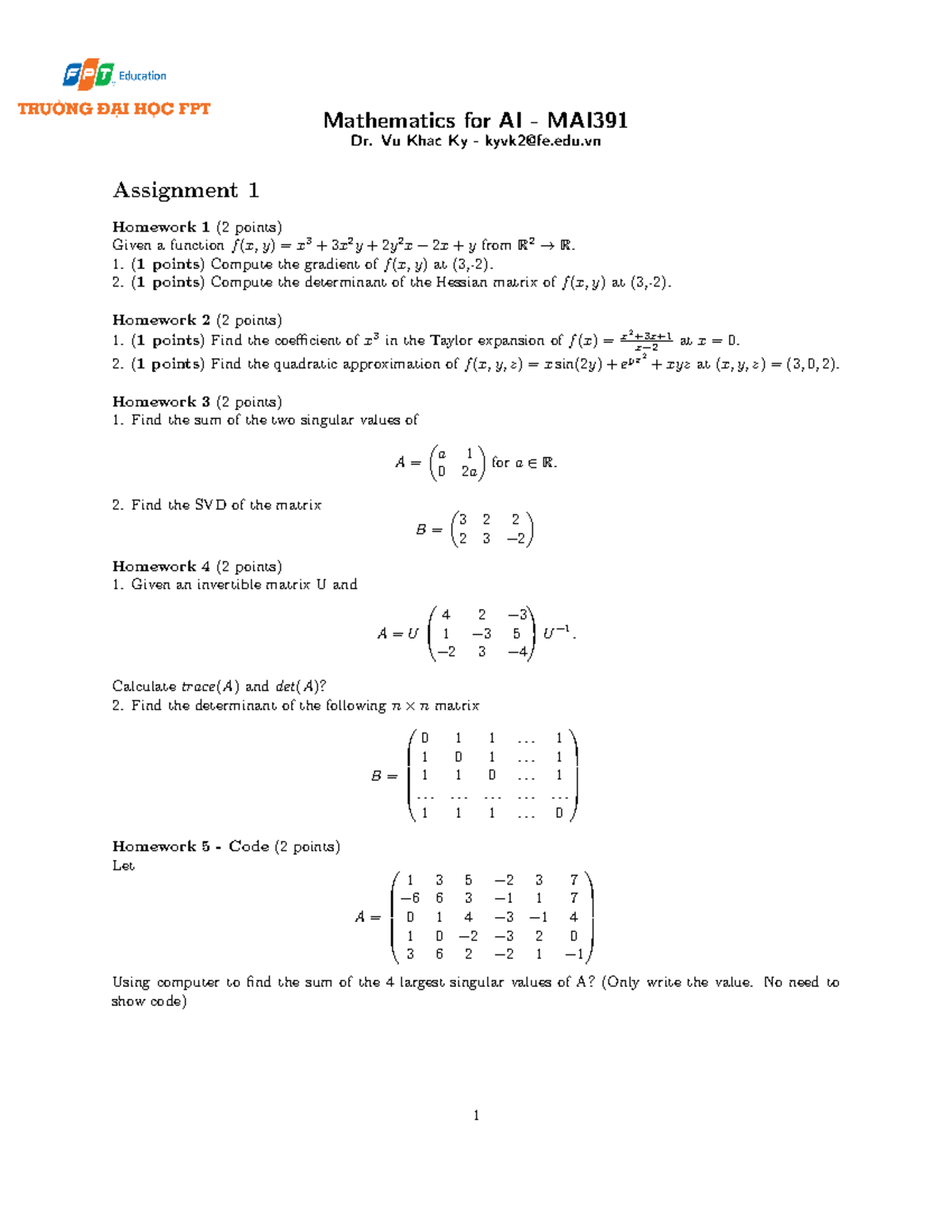 Workshop 1 extended - Mathematics for AI - MAI Dr. Vu Khac Ky - kyvk2 ...