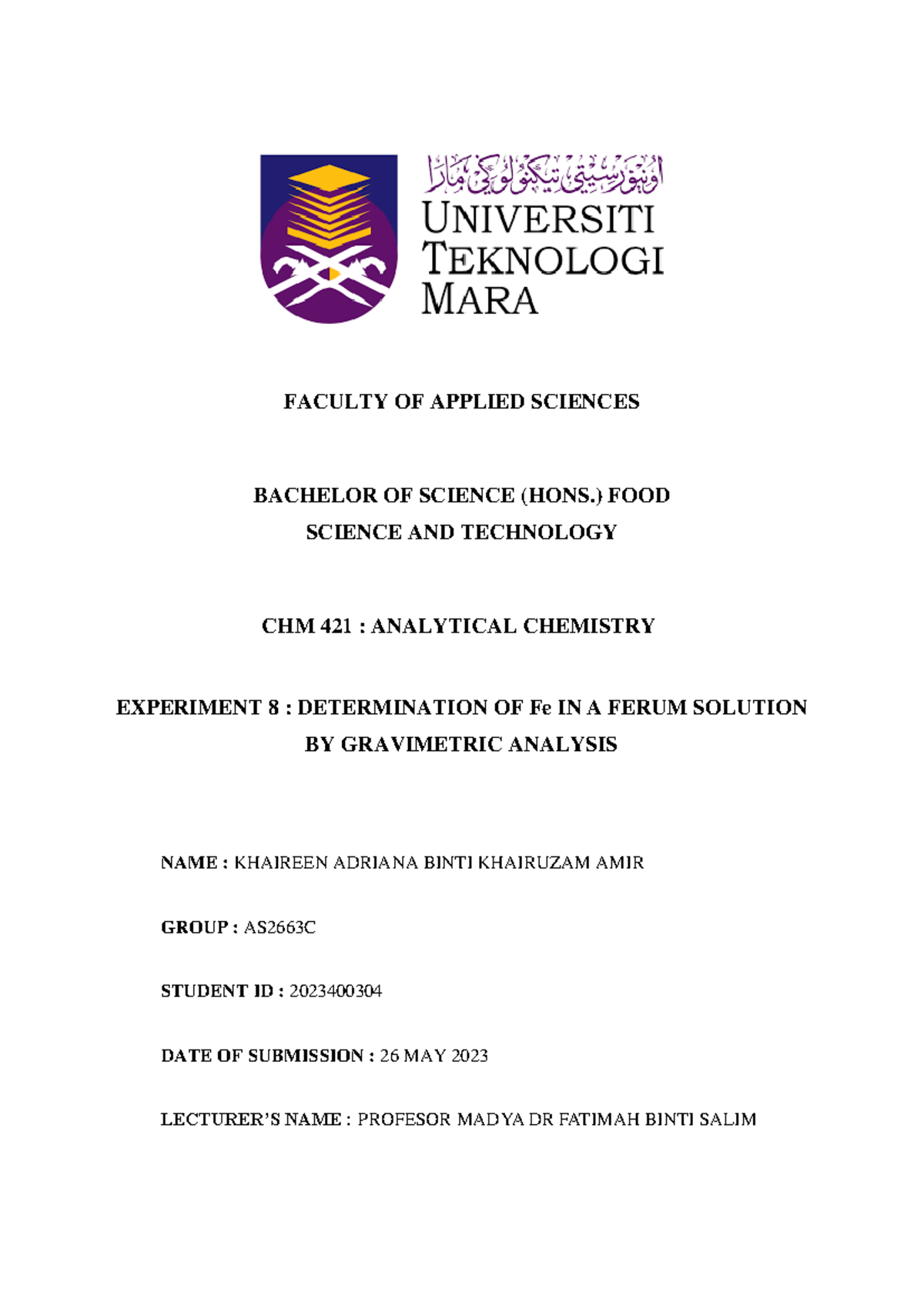 CHM 241 EXP 8 UITM SHAH ALAM - FACULTY OF APPLIED SCIENCES BACHELOR OF ...