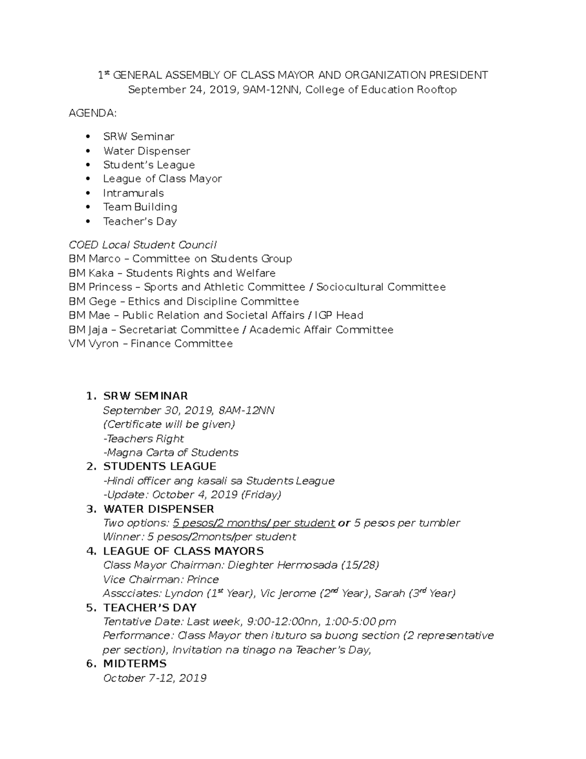 1st General Assembly OF Class Mayor AND Organization President - 1 st ...