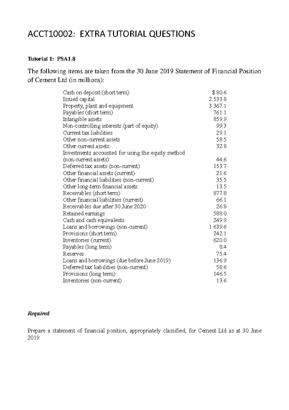 Extra tutorial questions for ACCT10002 - ACCT10002: EXTRA TUTORIAL ...