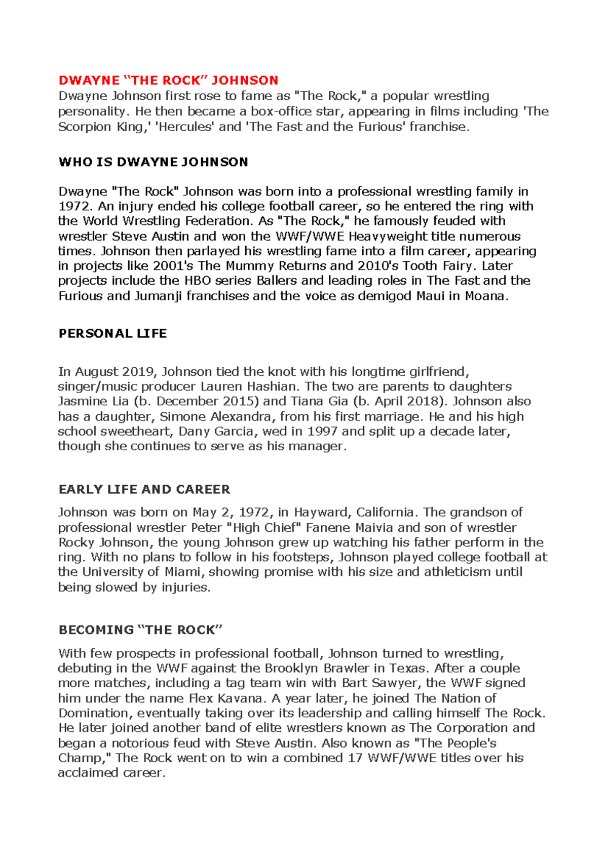 Dwayne Johnson - biografia - DWAYNE “THE ROCK” JOHNSON Dwayne Johnson ...