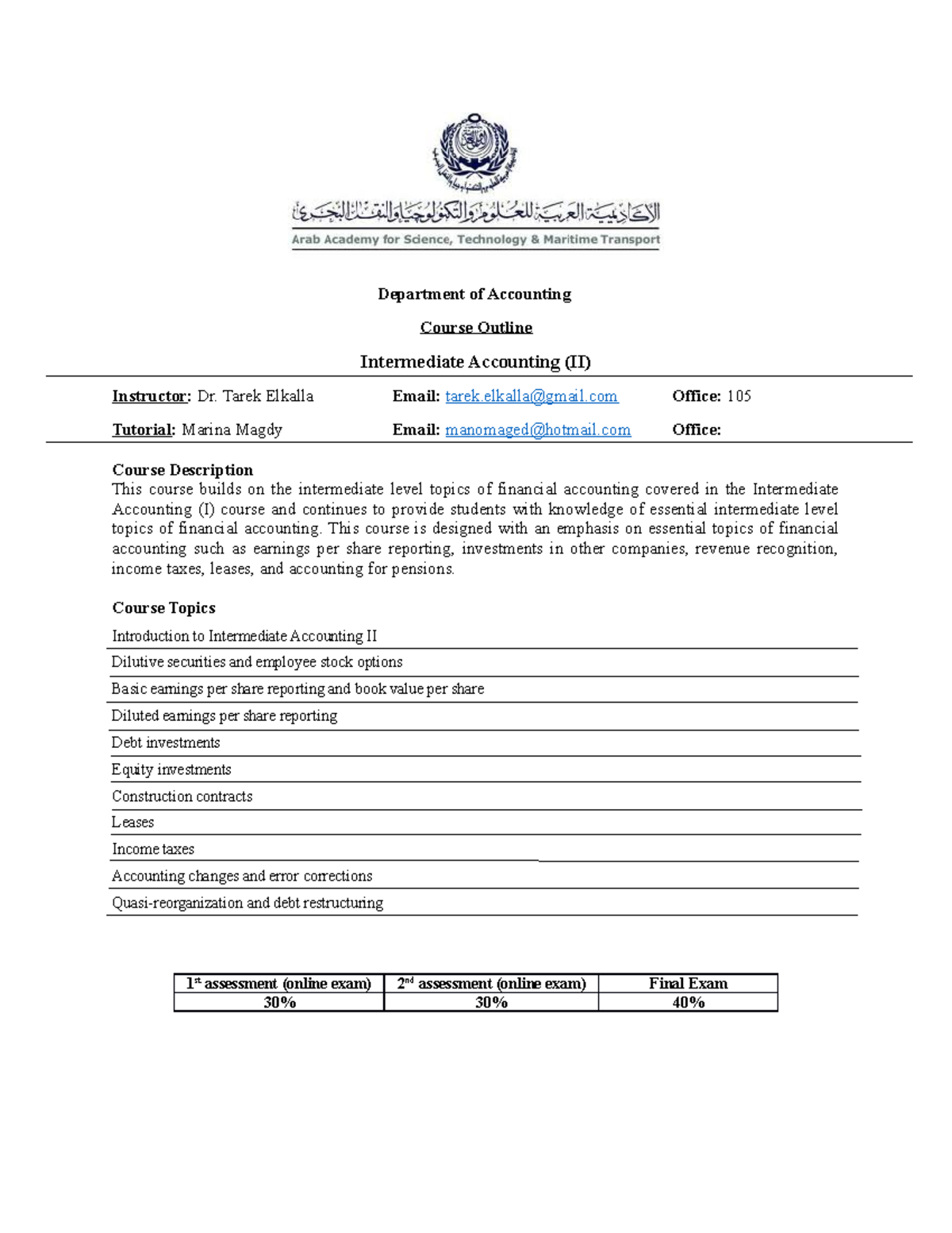 Course Outline Intermediate Accounting 2 - Department of Accounting ...