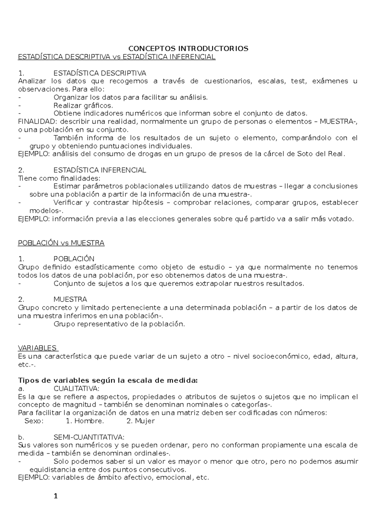 Conceptos Introductorios - CONCEPTOS INTRODUCTORIOS ESTADÍSTICA DESCRIPTIVA vs ESTADÍSTICA - Studocu