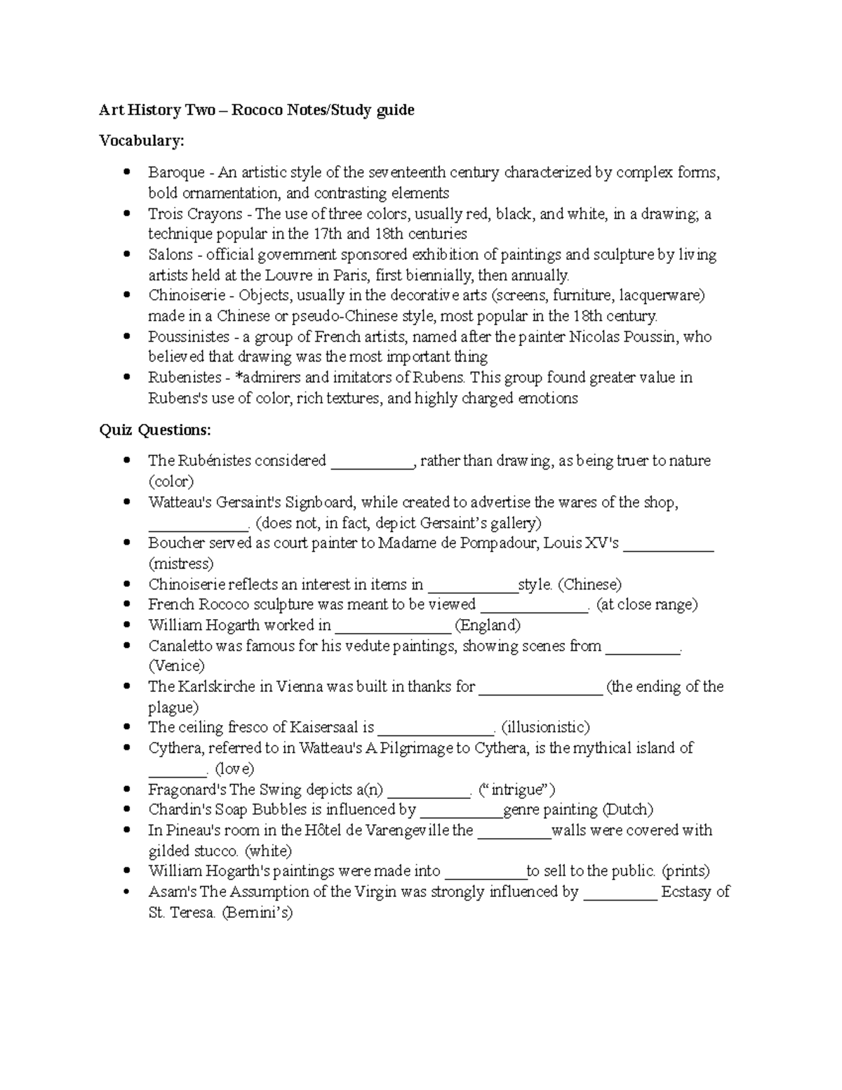 Art History Notes - Rococo - Art History Two – Rococo Notes/Study guide ...