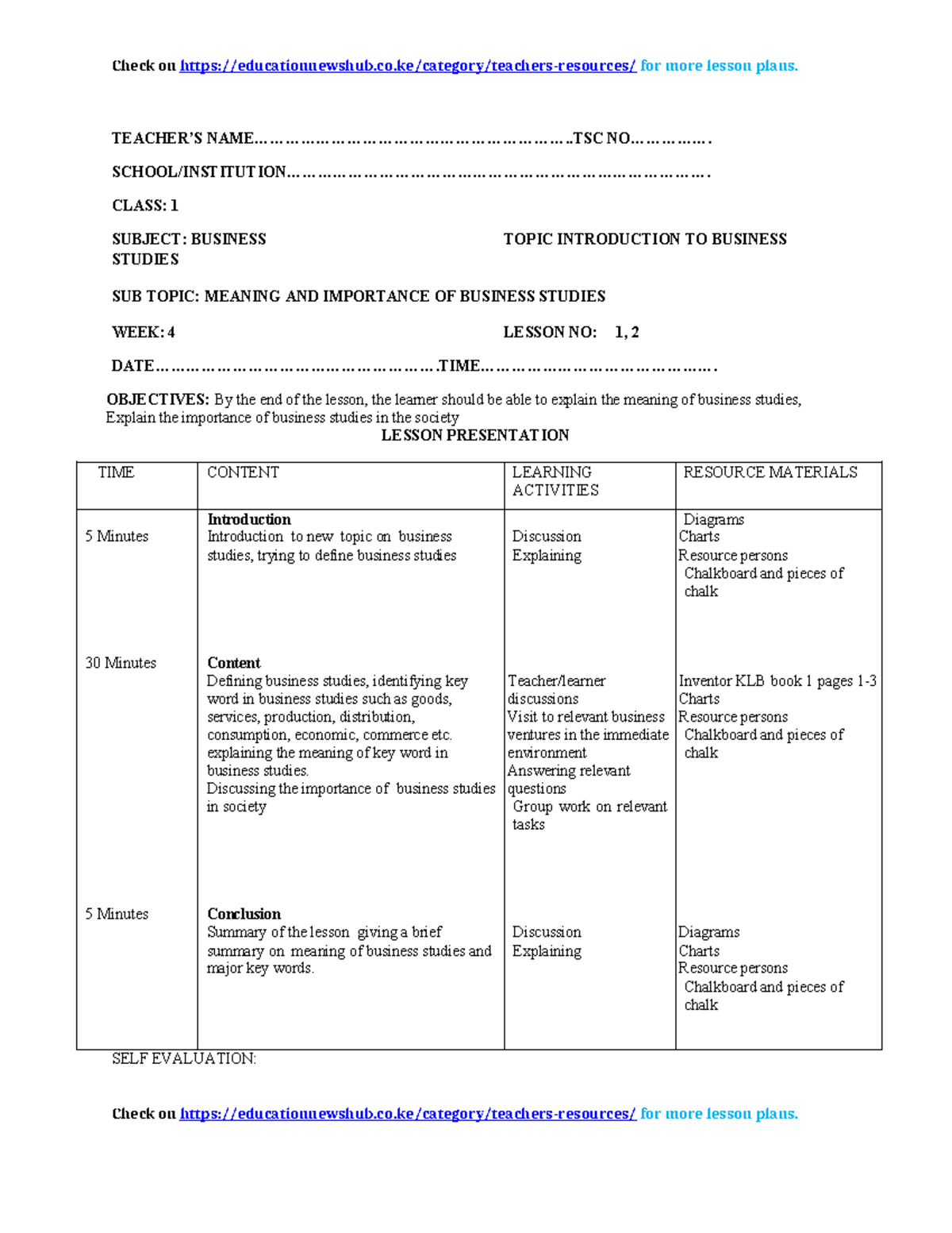 Business Studies Lesson Plans - TEACHER’S - Studocu