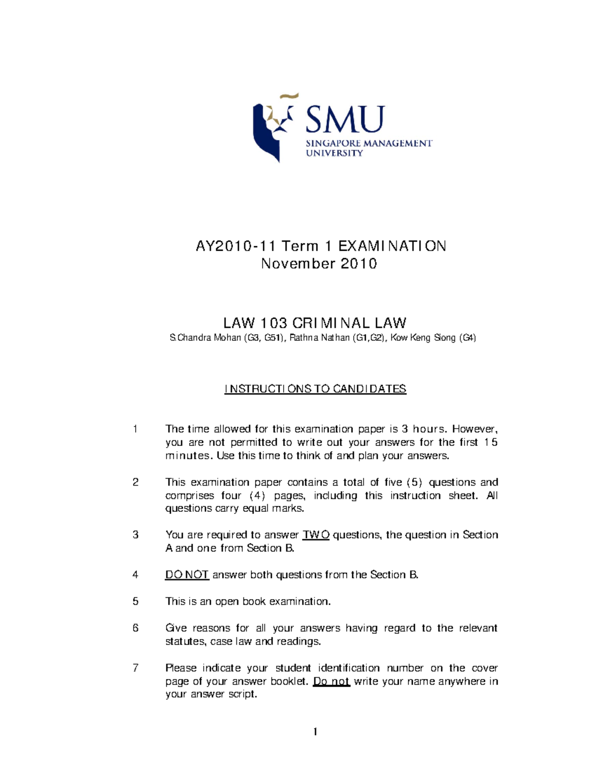 LAW103 Year 2010-2011 Term 1 - AY2010-11 Term 1 EXAMI NATI ON November ...