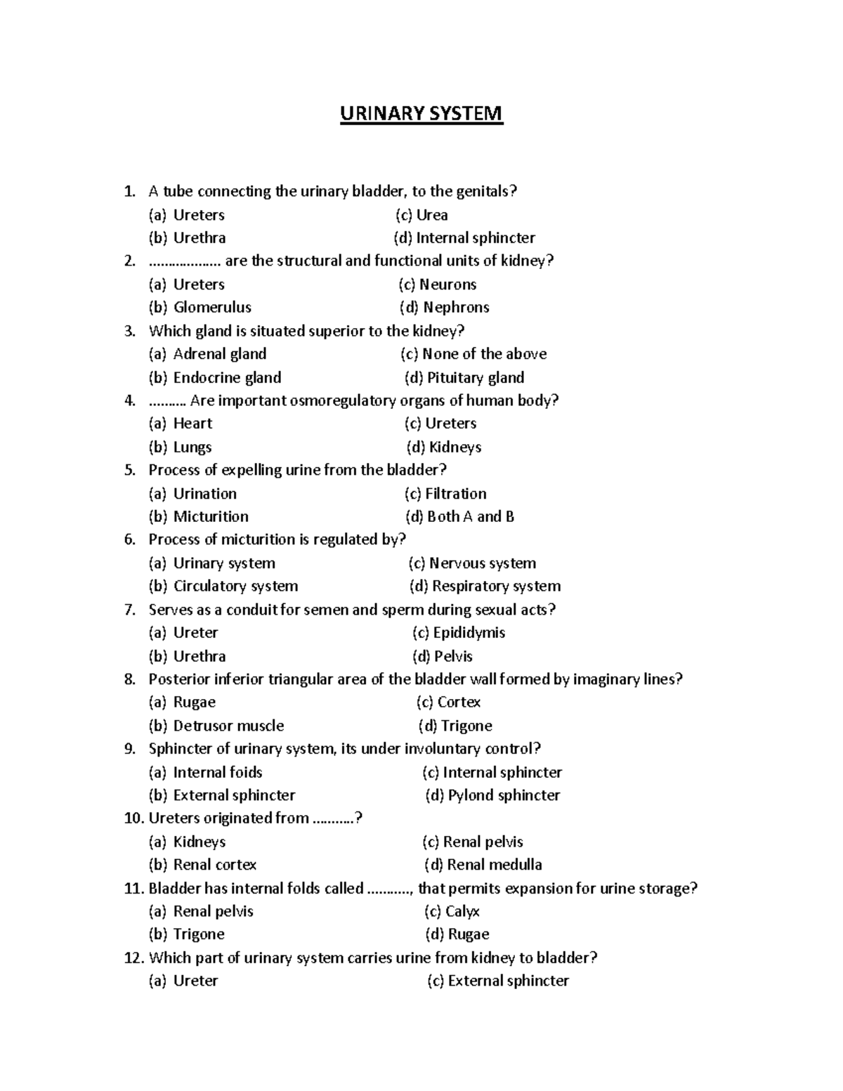 Urinary system questions - URINARY SYSTEM A tube connecting the urinary ...