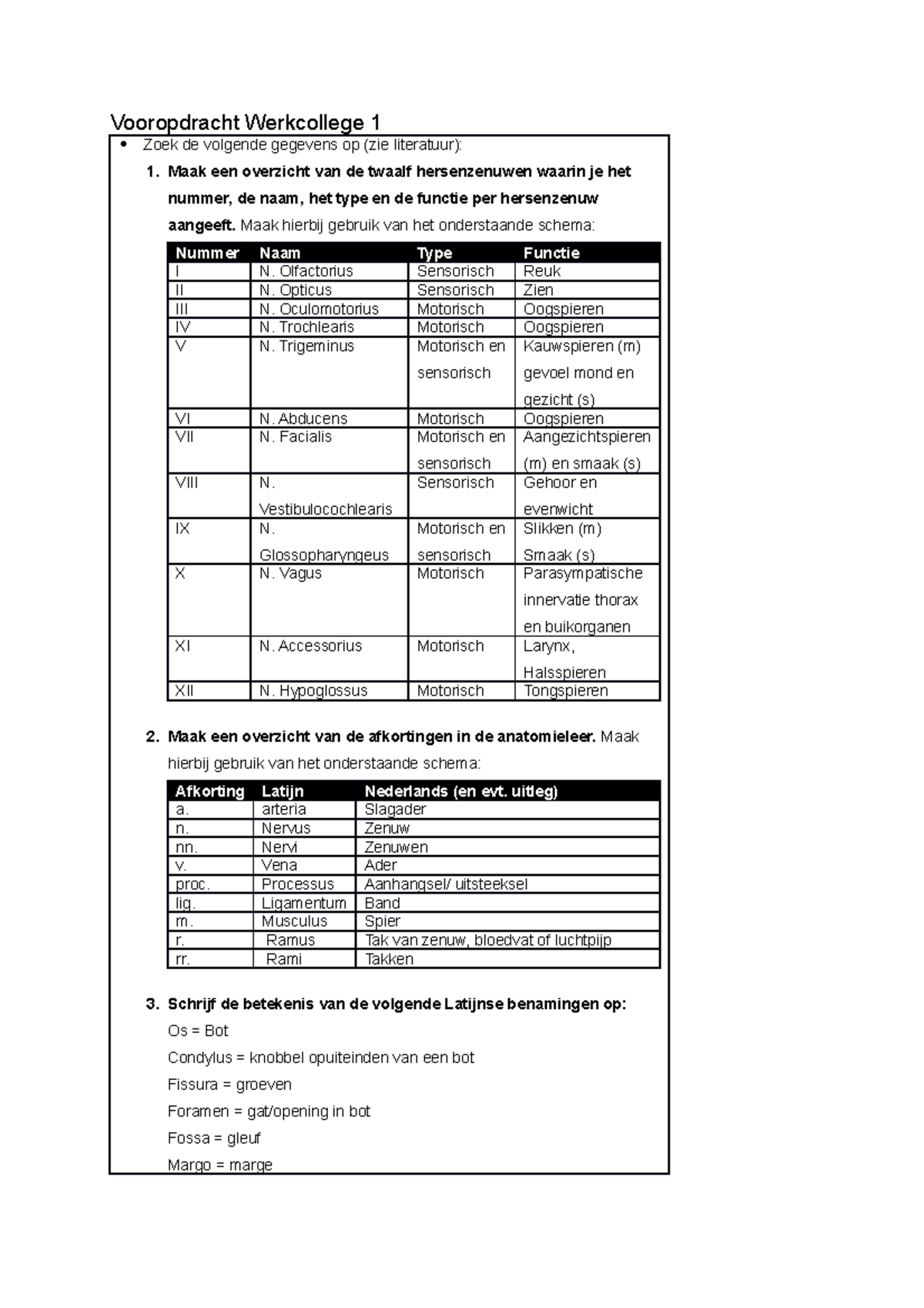 AN wc1 A1 - opdracht 1 wc anatomie a1 - Vooropdracht Werkcollege 1 Zoek de volgende gegevens op ...