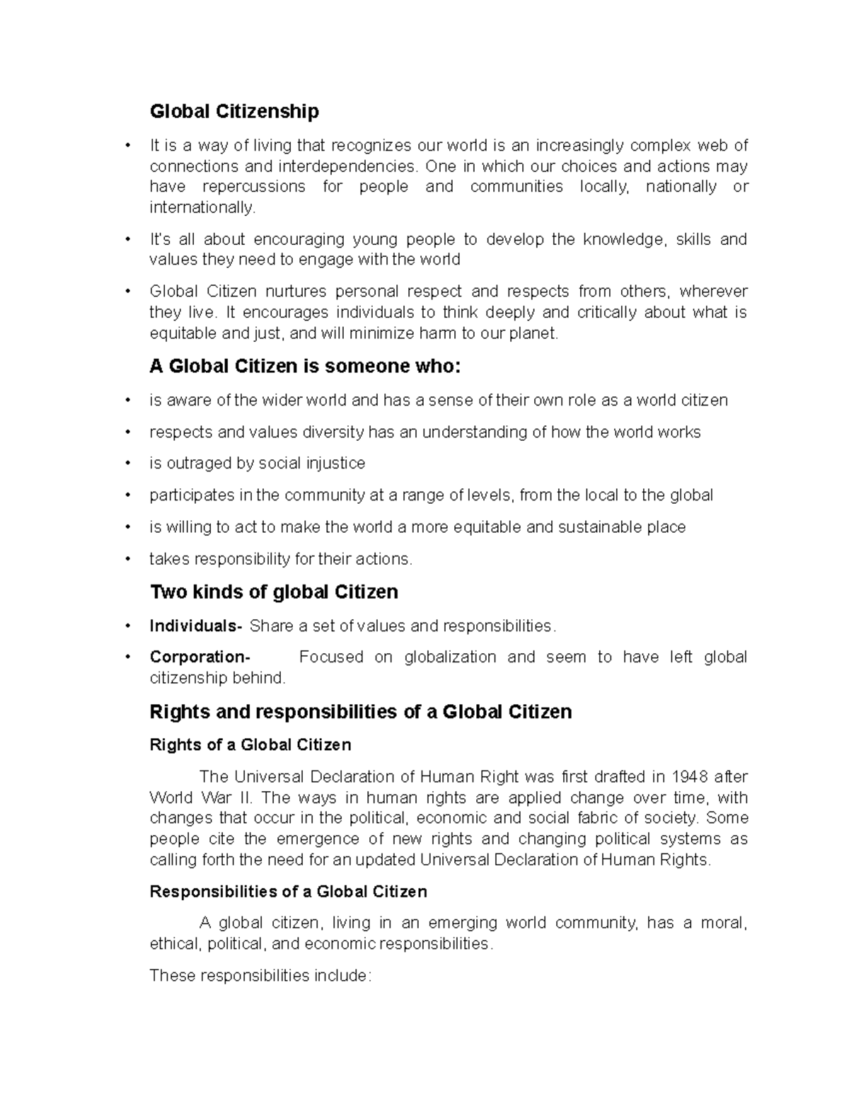 Global Citizenship - Global Citizenship It is a way of living that ...