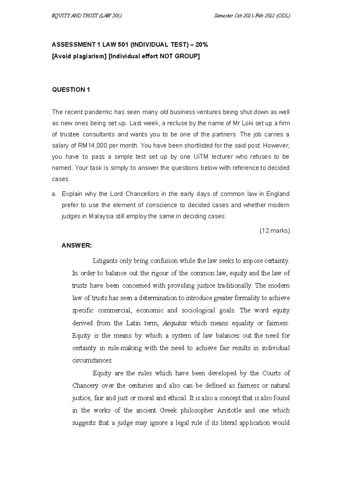 TEST LAW501 - Law materials for UiTM students - ASSESSMENT 1 LAW 501 ...