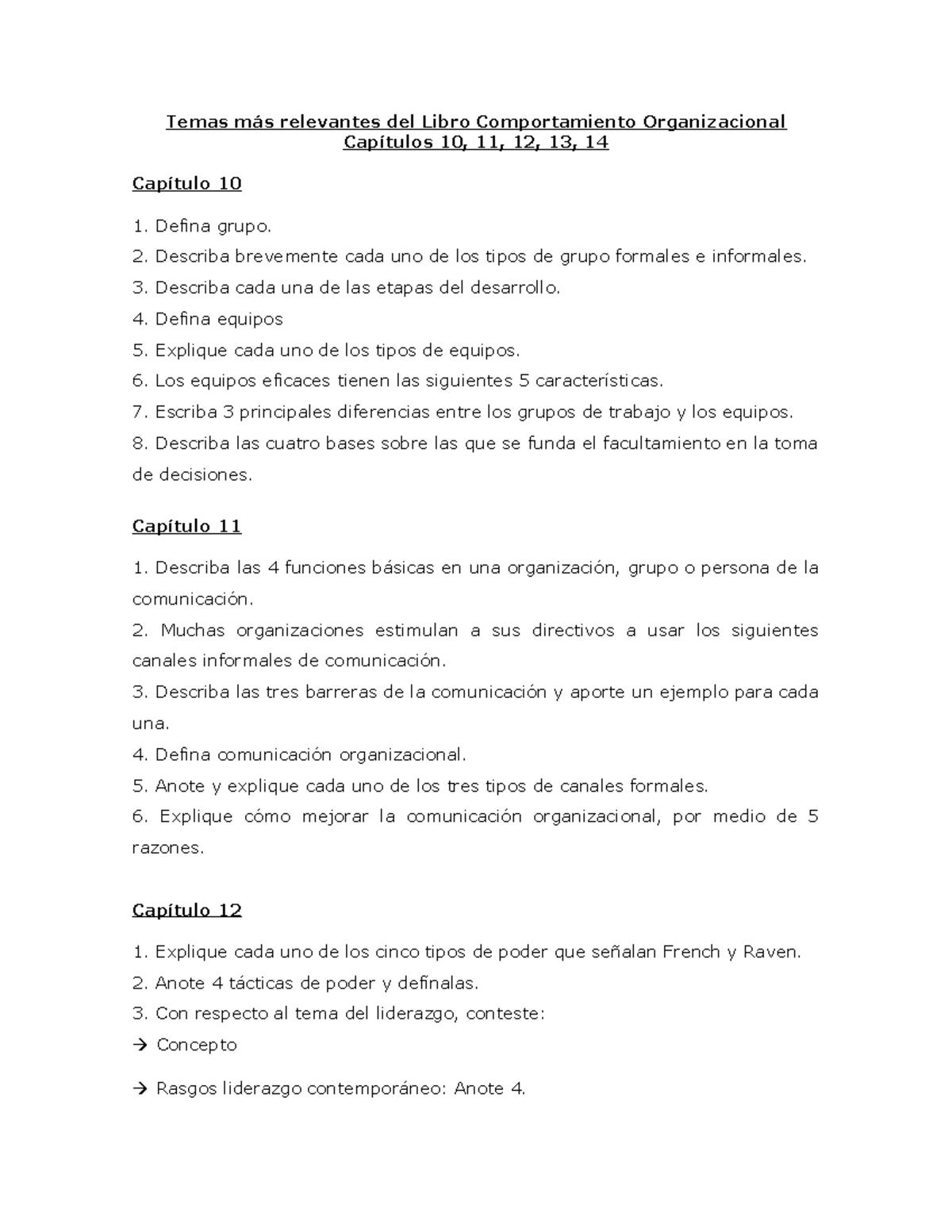 Guía de estudio Capitulos 10, 11, 12, 13, 14 - Temas más relevantes del ...