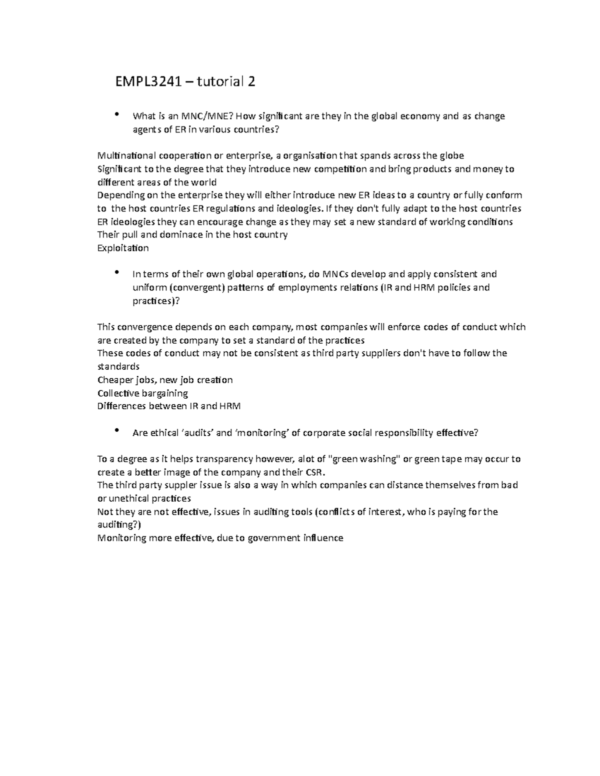 Tutorial 2 - EMPL3241 – tutorial 2 What is an MNC/MNE? How significant ...
