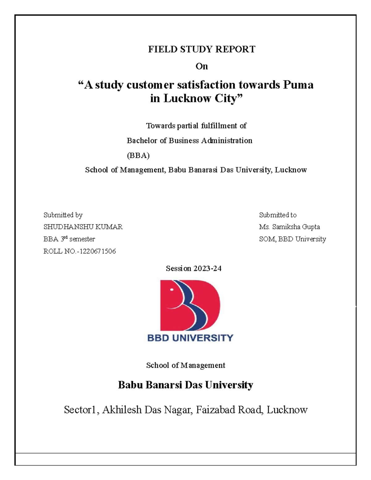 Puma (1) doc file - It's a project - FIELD STUDY REPORT On “A study ...