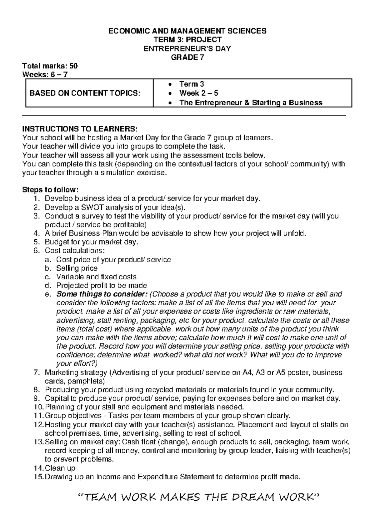 EMS Grade 7 TERM 3 Project - TERM 3: PROJECT ENTREPRENEUR’S DAY GRADE 7 ...