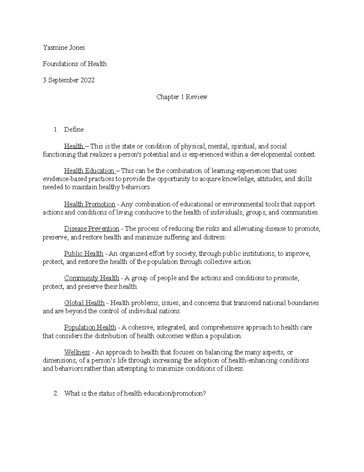 Health CH 1 - worksheet - Yasmine Jones Foundations of Health 3 ...