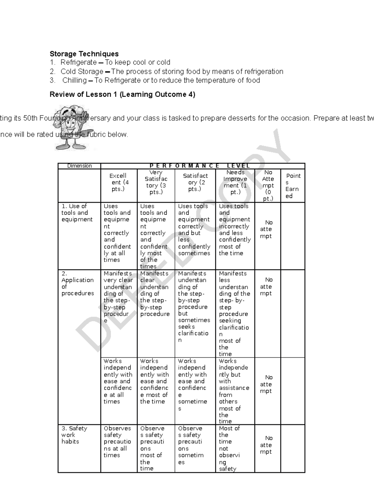 Rubrics - Anniversary and your class is tasked to p repare desserts for ...
