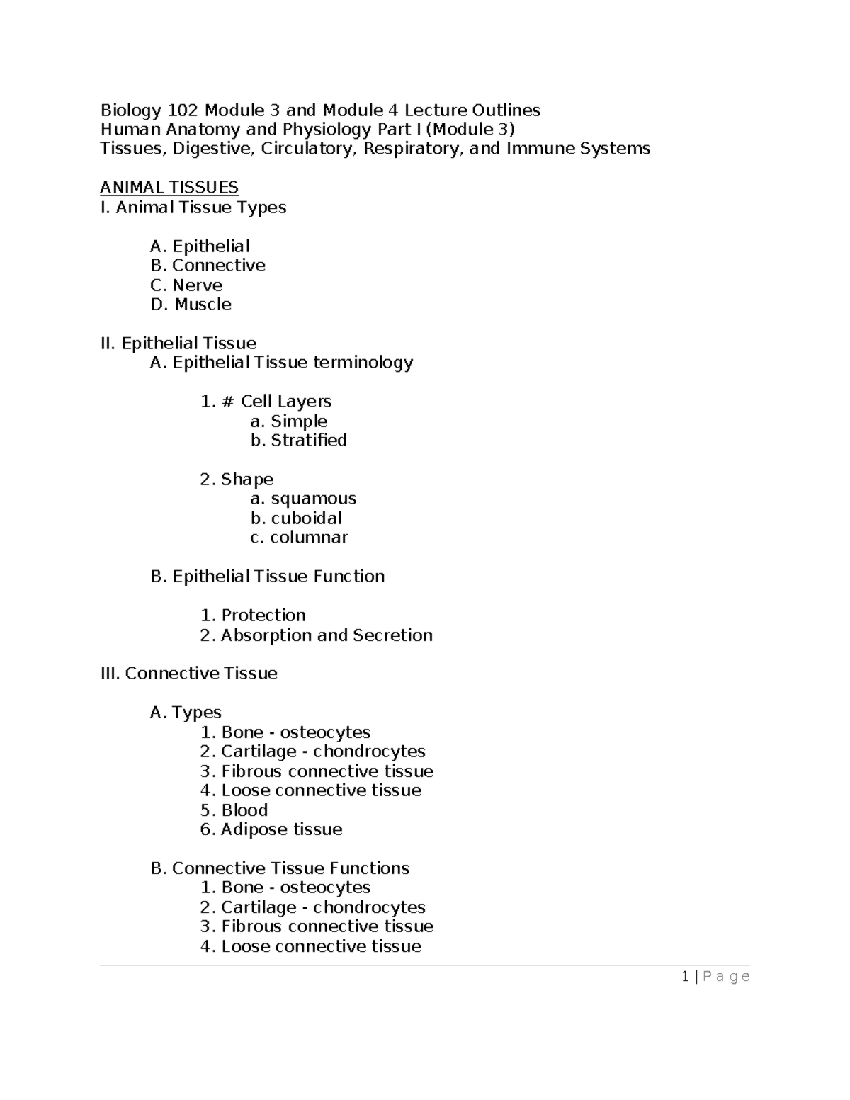 Biology 102 Module 3 Lecure Outlines (Tissues, Digestive, Circulatory ...
