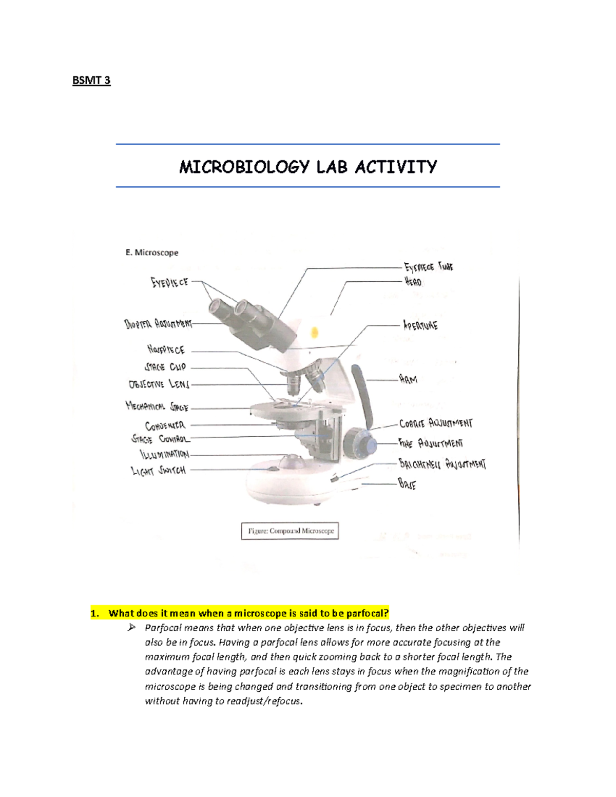 Actvitiy about Microscope Used in the Laboratory - BSMT 3 MICROBIOLOGY ...
