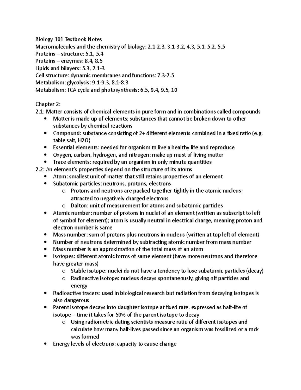BIO 101 Textbook Notes - Biology 101 Textbook Notes Macromolecules and ...