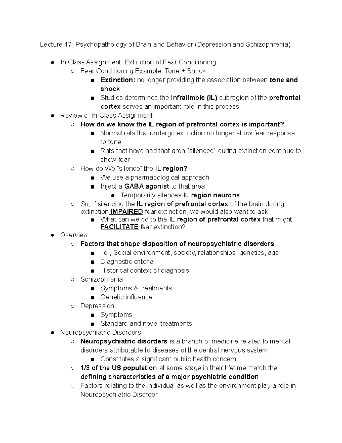 PSY209;Lecture 17 - Brain and Behavior Lecture with Jenna Lee - Lecture 17; Psychopathology of ...