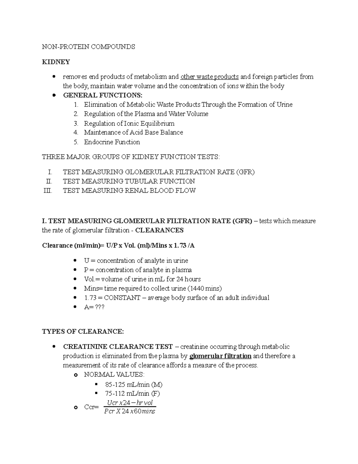 NON-PROTEIN COMPOUNDS - CLINICAL CHEMISTRY - Medtech - Studocu